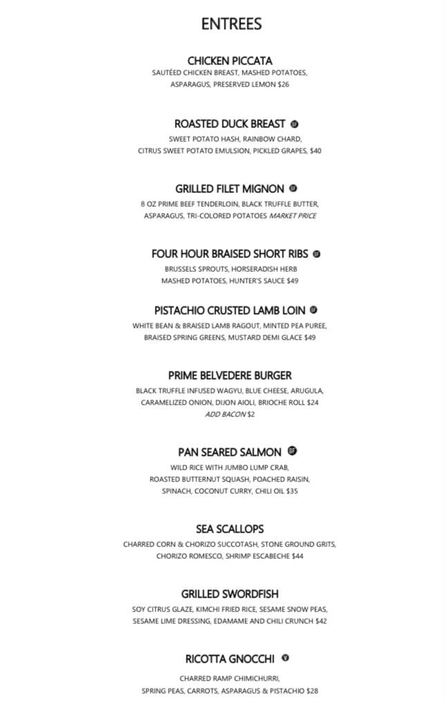 Menu at The Belvedere Inn restaurant, Lancaster