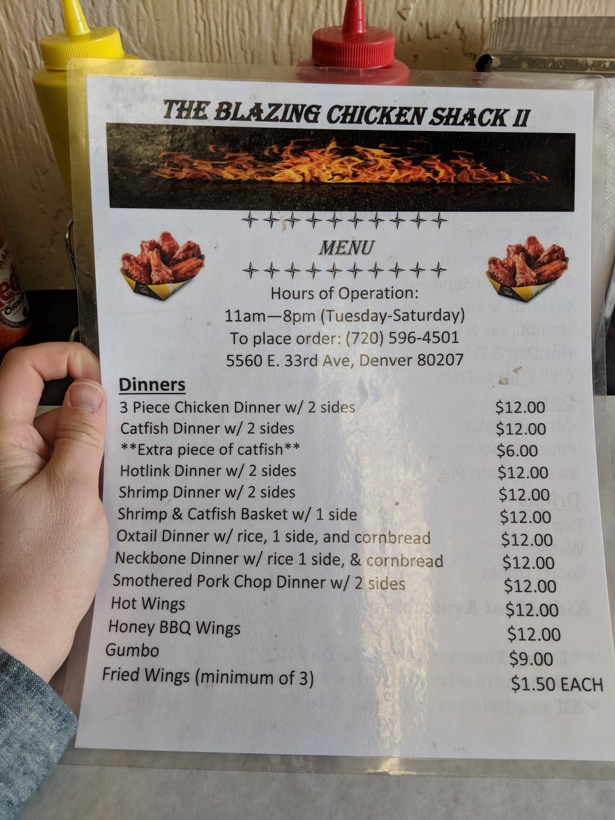 Menu at The Blazing Chicken Shack II restaurant, Denver