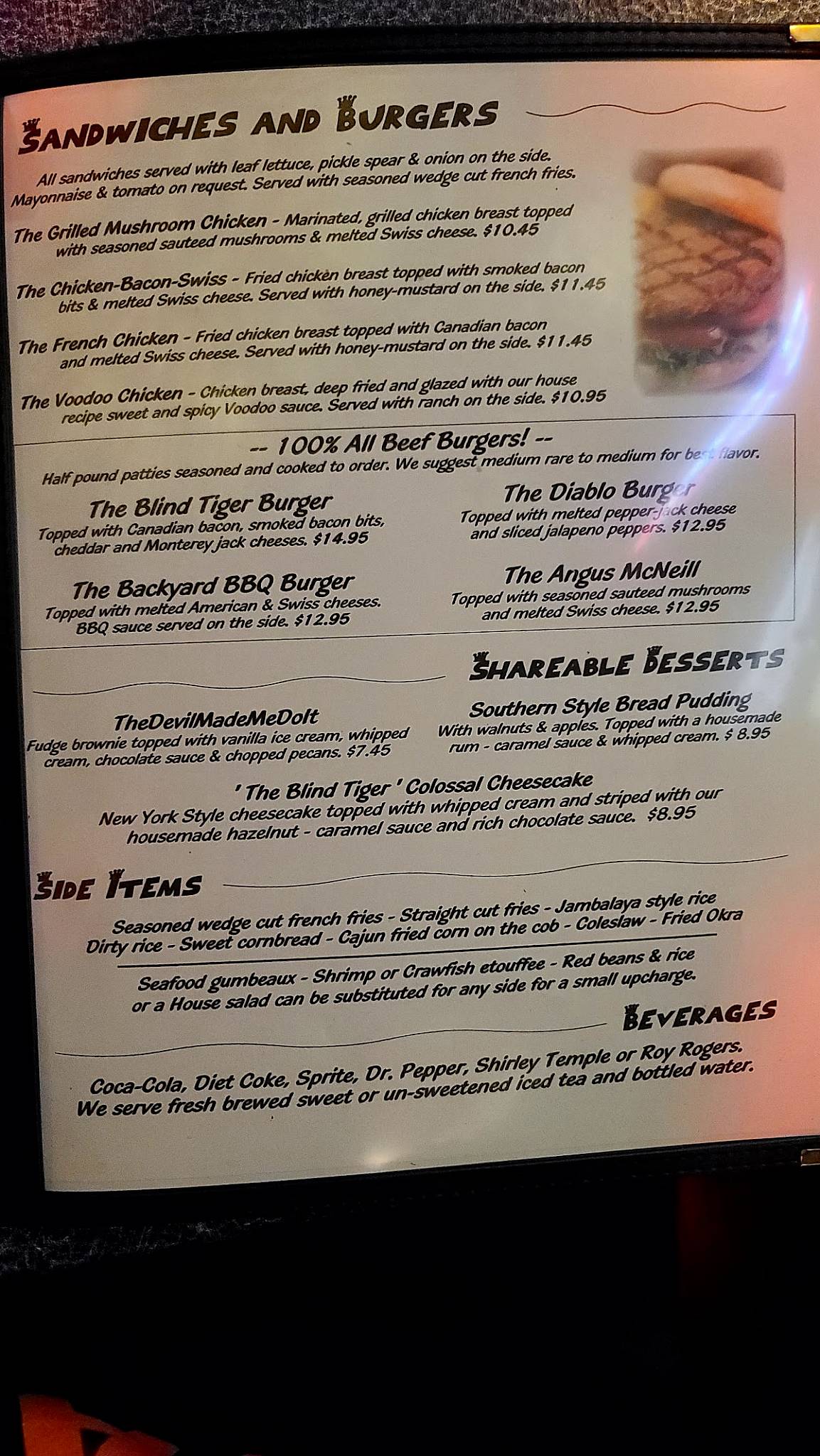 Menu at The Blind Tiger pub & bar, Shreveport