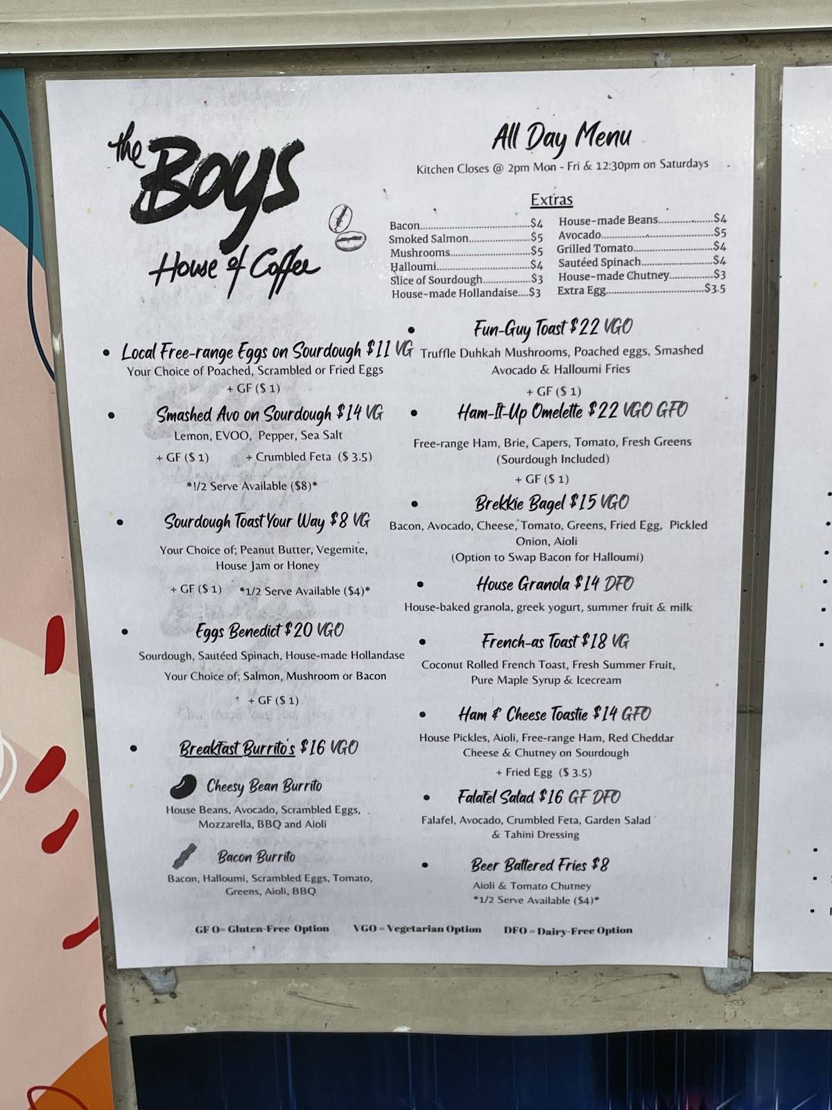 Menu at The Boys House of Coffee cafe, Kelvin Grove, Shop 3/57 Musk Ave