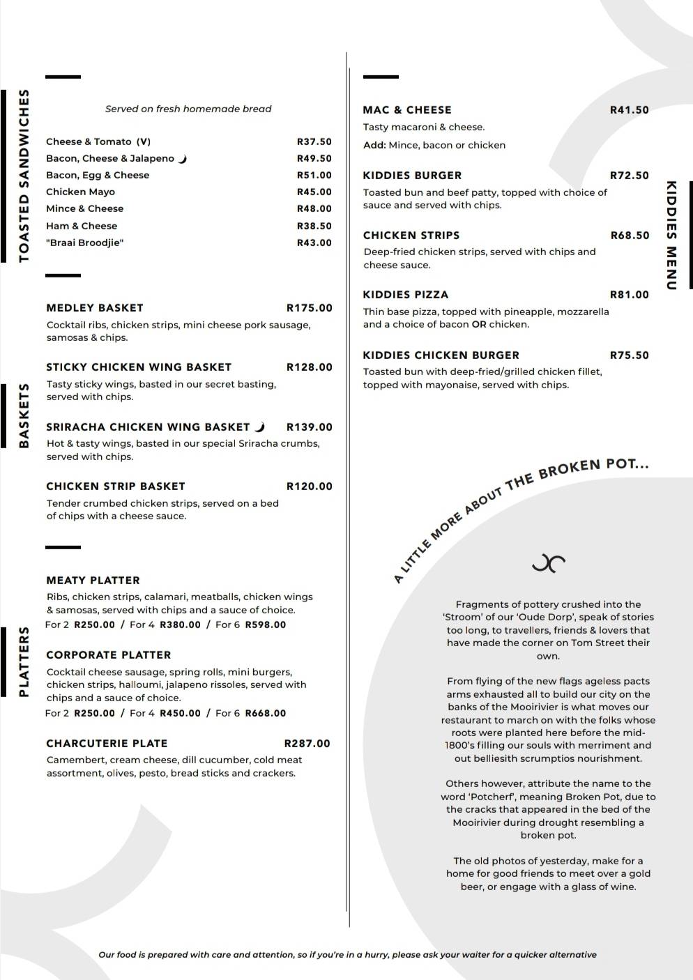 Menu at The Broken Pot restaurant, Potchefstroom