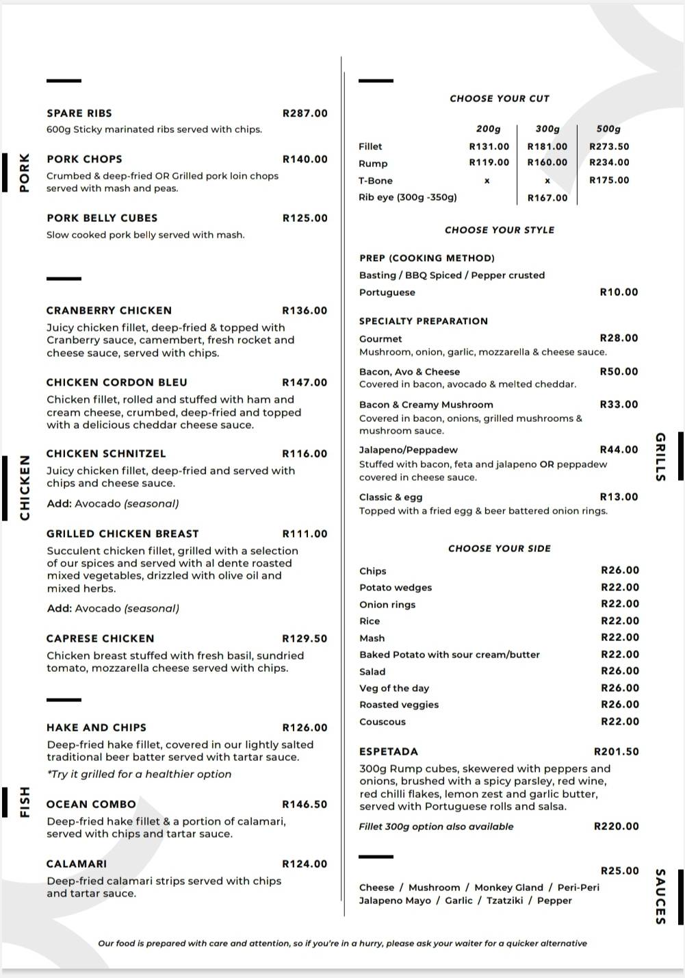 Menu at The Broken Pot restaurant, Potchefstroom