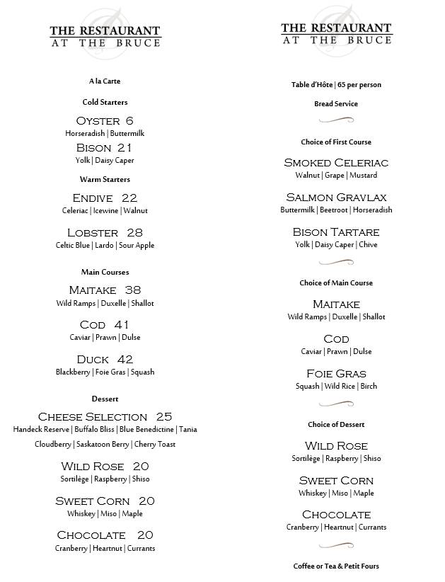 Menu at The Bruce Hotel restaurant, Stratford