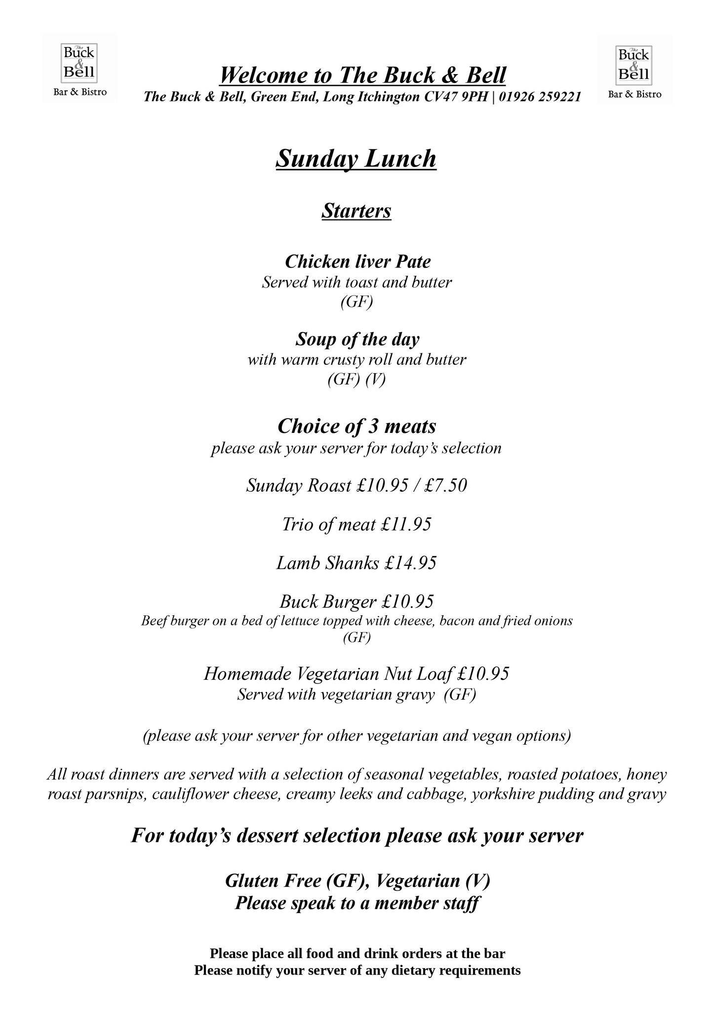Menu at The Buck & Bell pub & bar, Southam