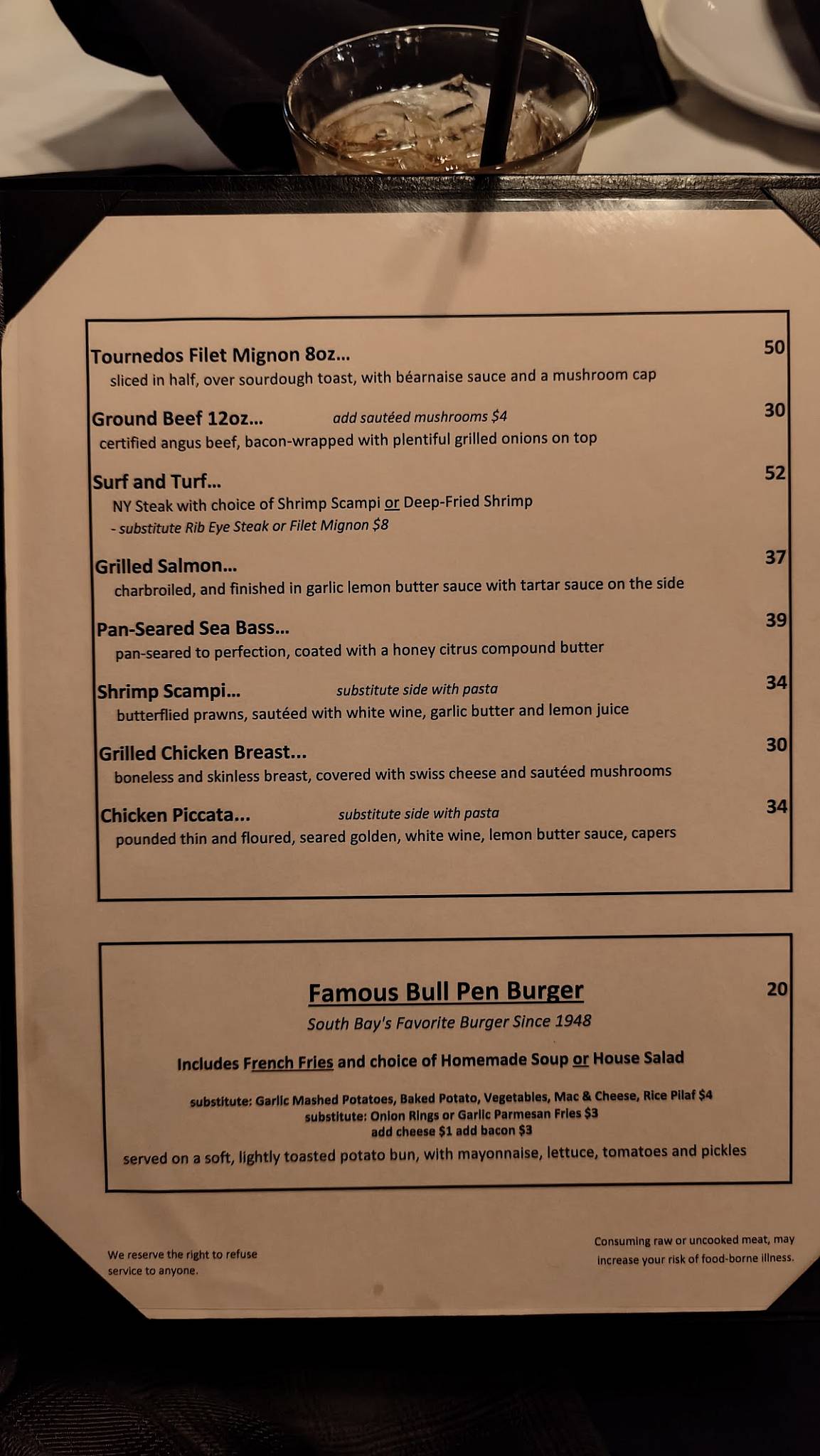 Menu at The Bull Pen pub & bar, Redondo Beach