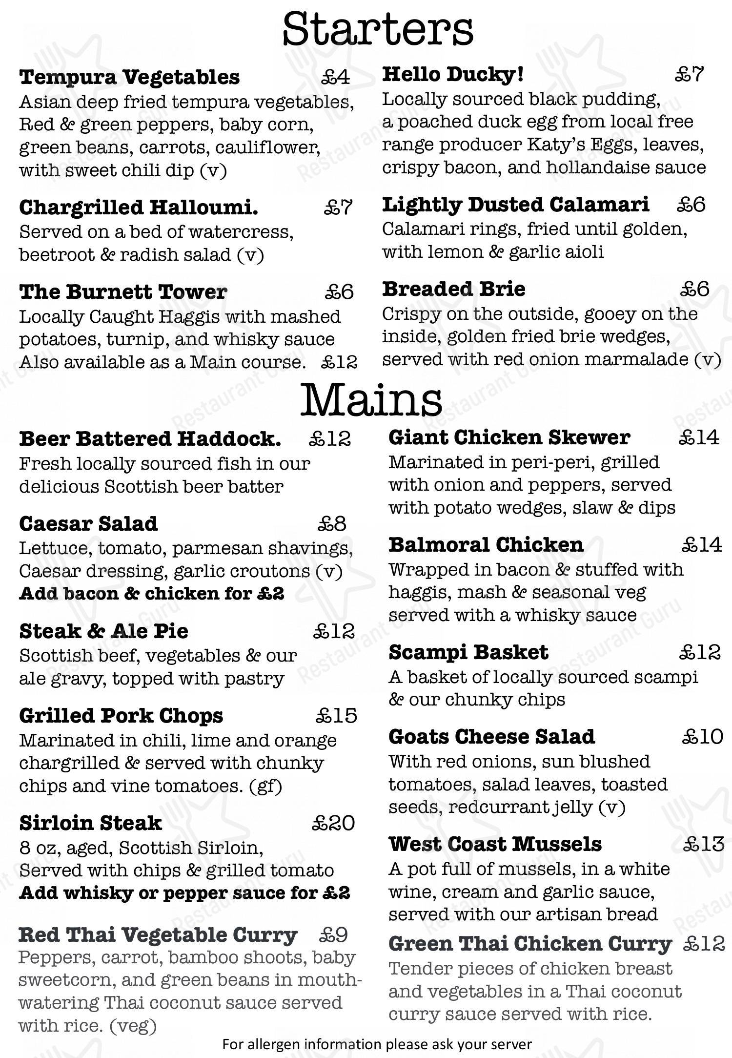Menu at The Burnett Arms Hotel restaurant, Banchory