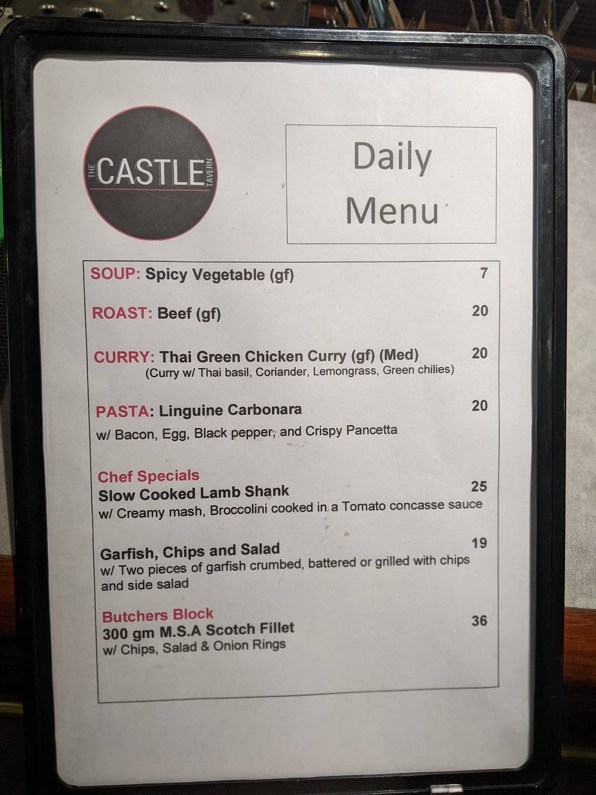 Menu at The Castle Tavern restaurant, Edwardstown