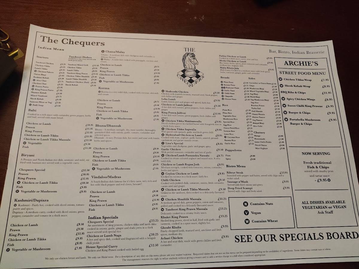 Menu at The Chequers restaurant, Isleham, 58-62 Carter St