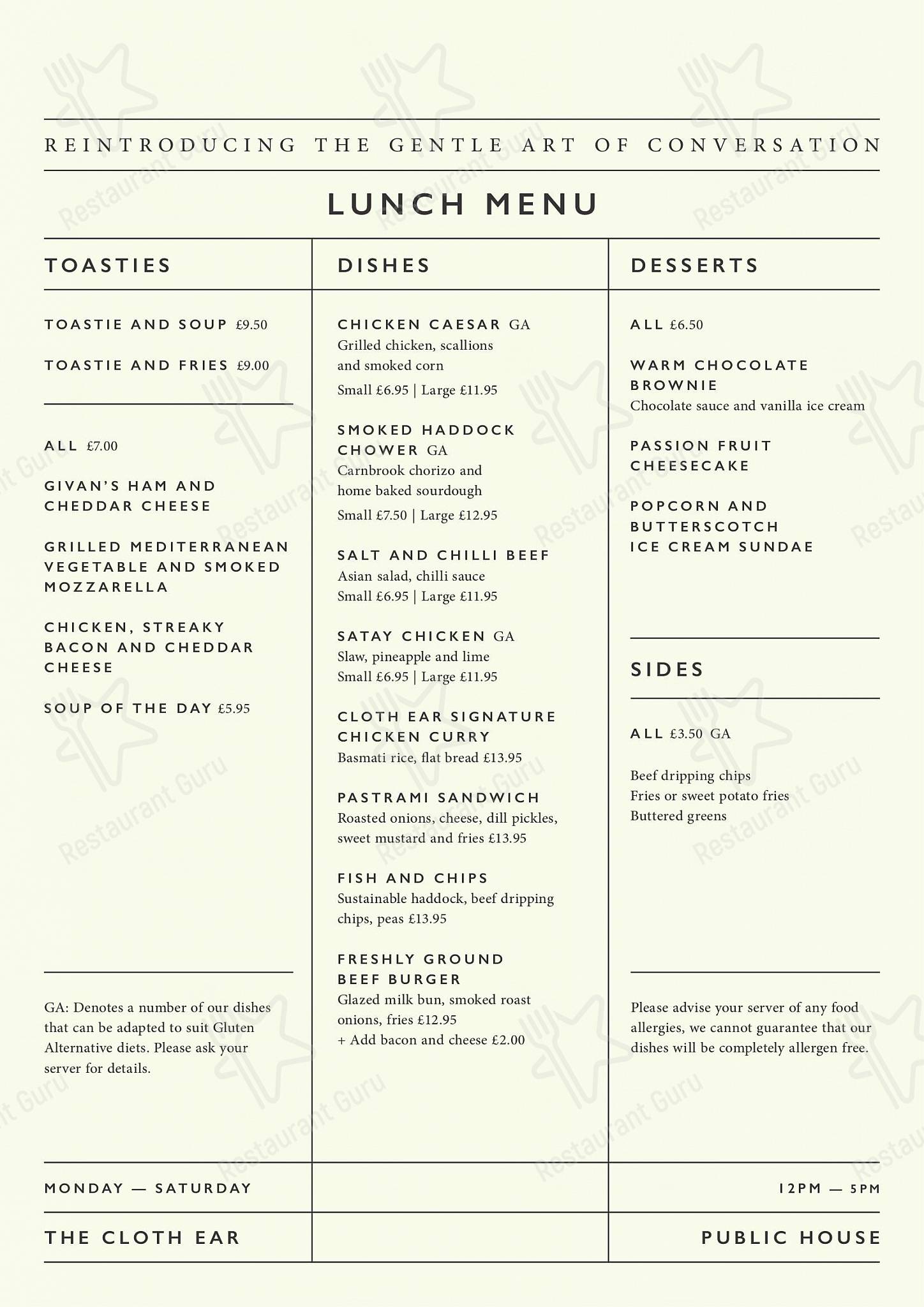 Menu at The Cloth Ear pub & bar, Belfast