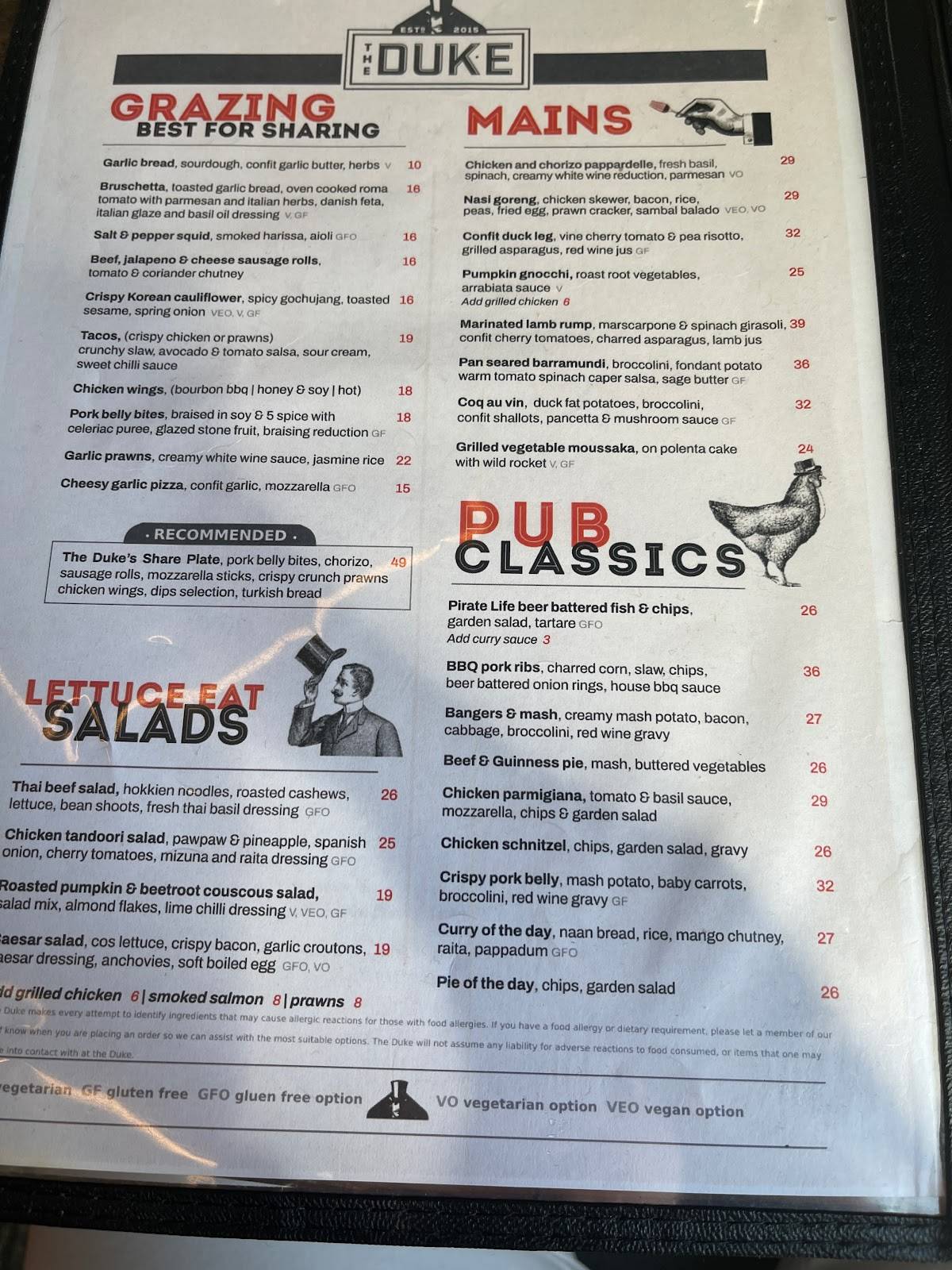Menu at The Duke Bar and Bistro, Carramar