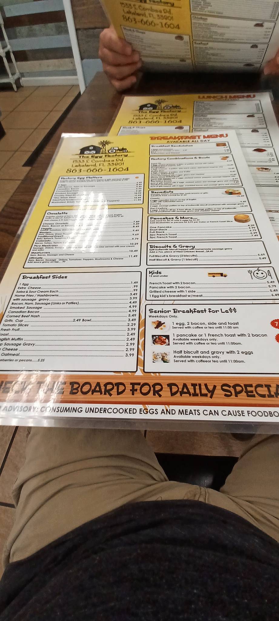 Menu at The Egg Factory restaurant, Lakeland, S Combee Rd