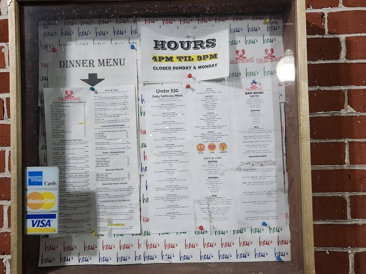 Menu at The Fairgrounds Hotel restaurant, Allentown