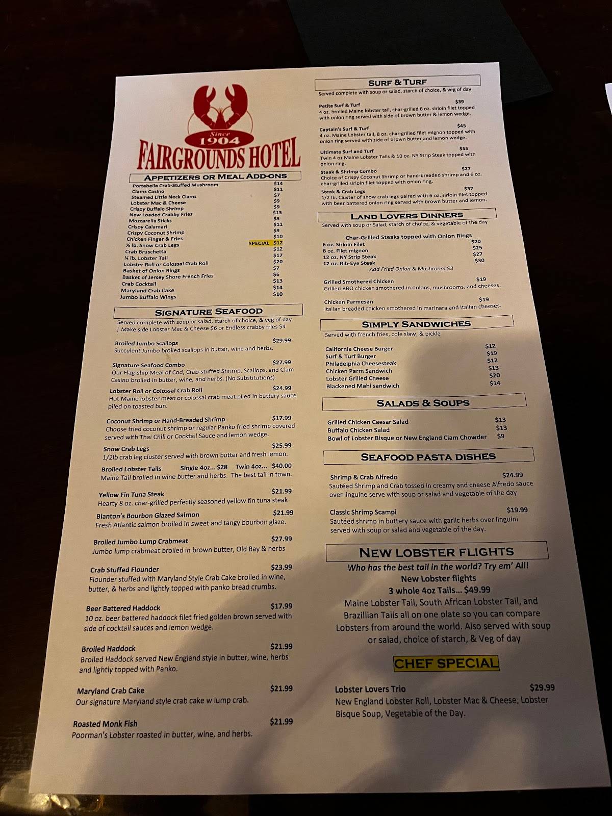 Menu at The Fairgrounds Hotel restaurant, Allentown