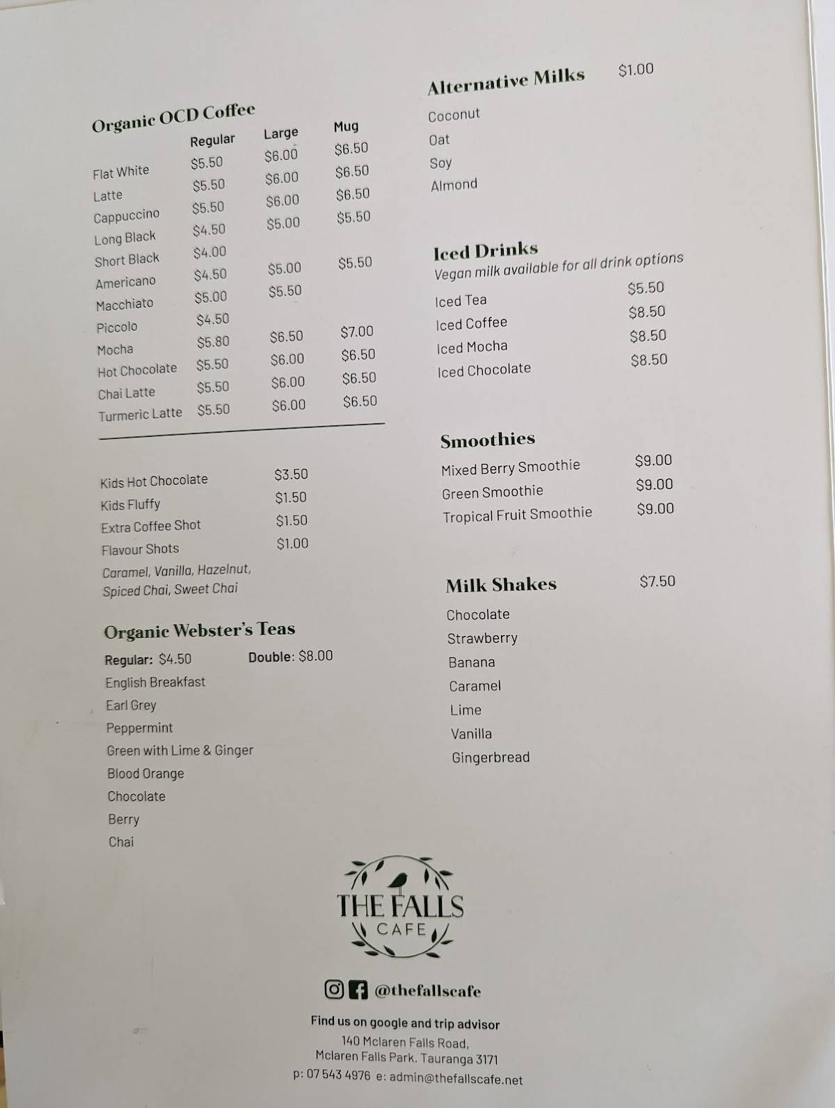 Menu at The Falls Cafe, Tauranga, McLaren Falls Park 140 McLaren Falls Rd