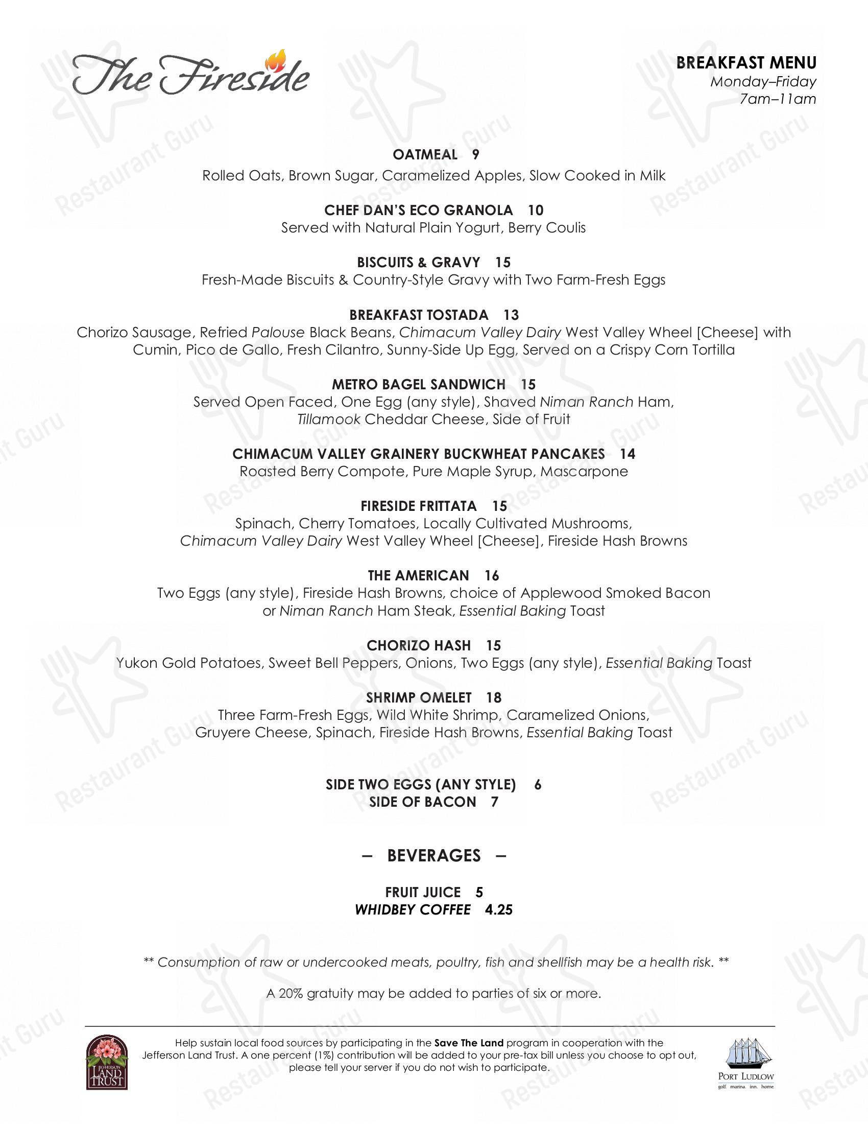 Menu at The Fireside Restaurant, Port Ludlow, 1 Heron Rd