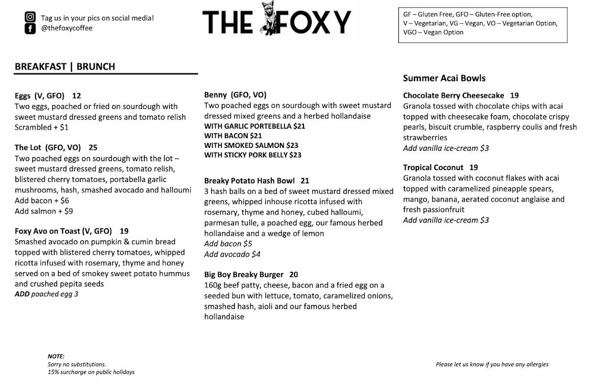 Menu at The Foxy Coffee cafe, Loganholme, Shop 1A/37/59 Bryants Rd