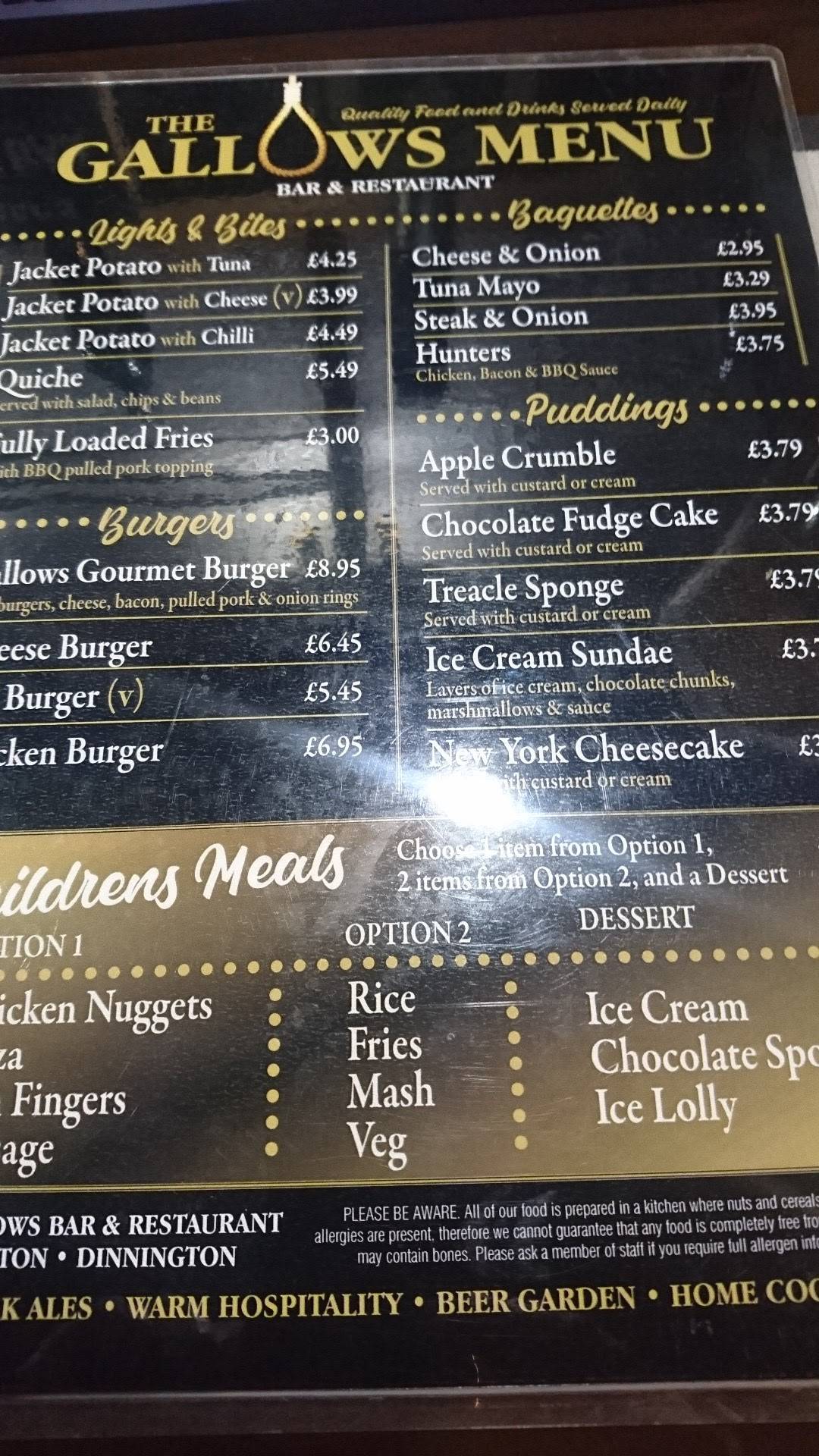 Menu at The Gallows pub & bar, South Anston, Hangsman Ln