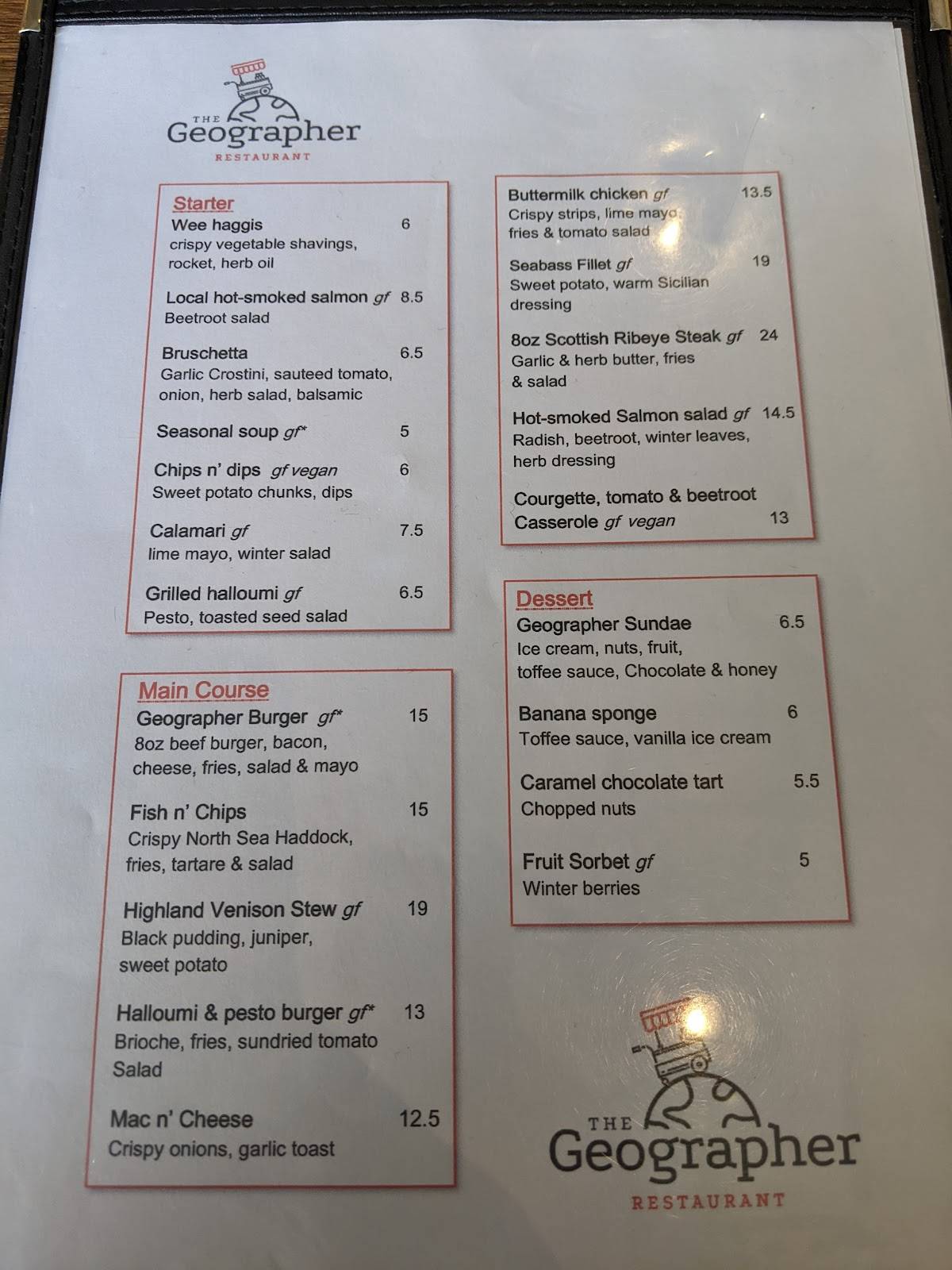 Menu at The Geographer restaurant, Fort William