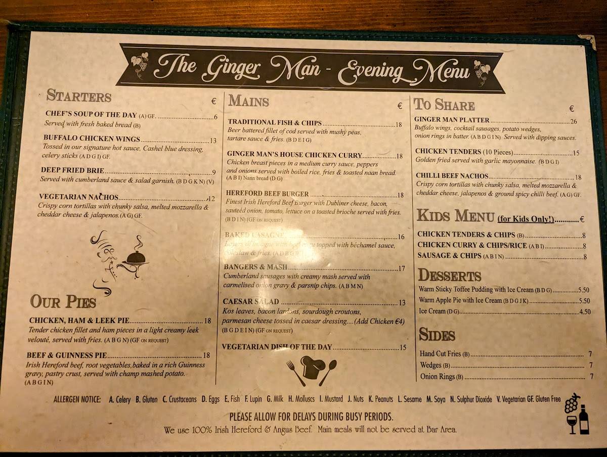 Menu at The Ginger Man pub & bar, Dublin