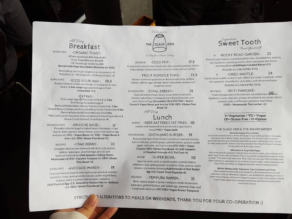 Menu at The Glass Den cafe, Coburg