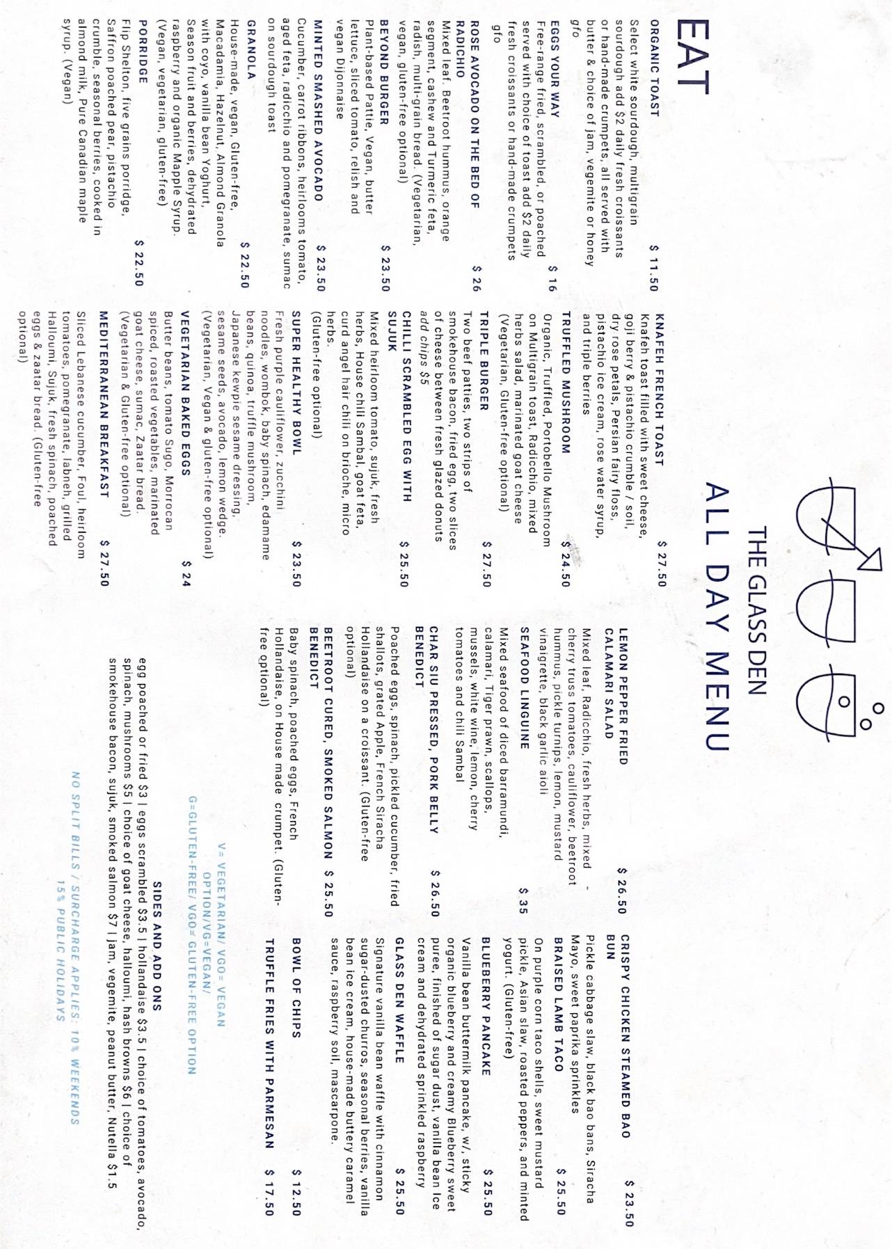 Menu at The Glass Den cafe, Coburg