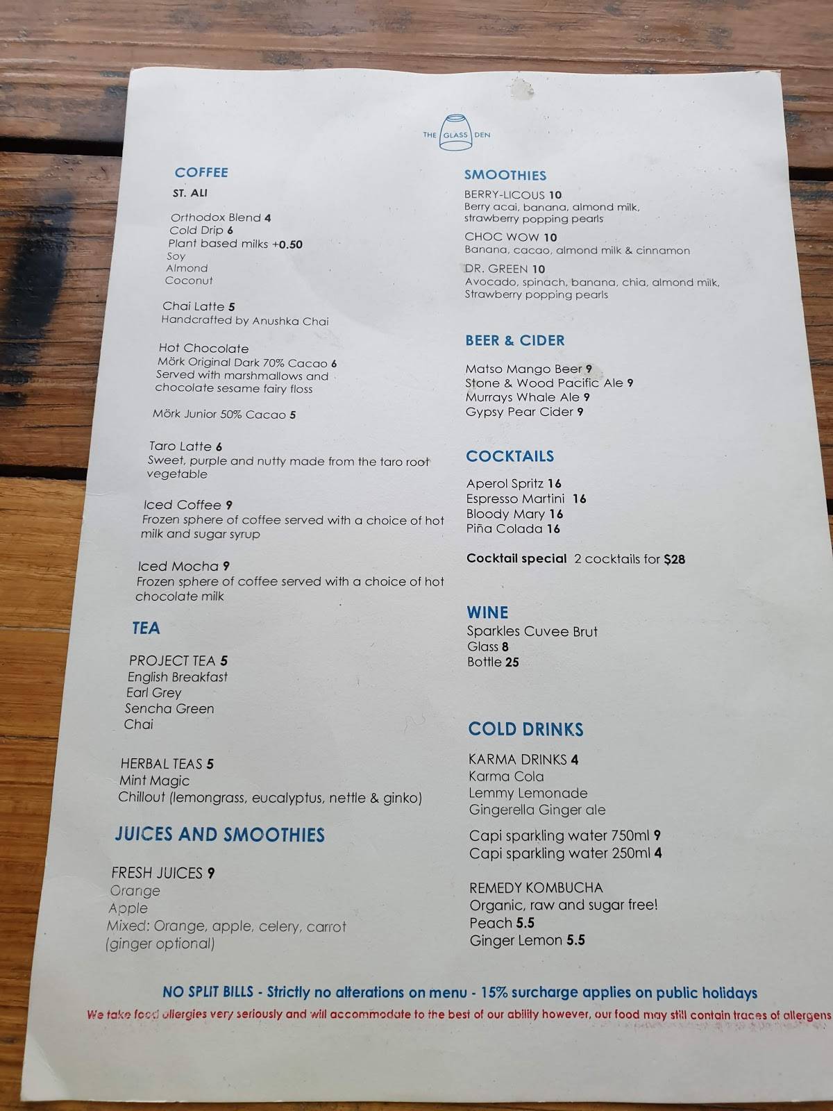 Menu at The Glass Den cafe, Coburg