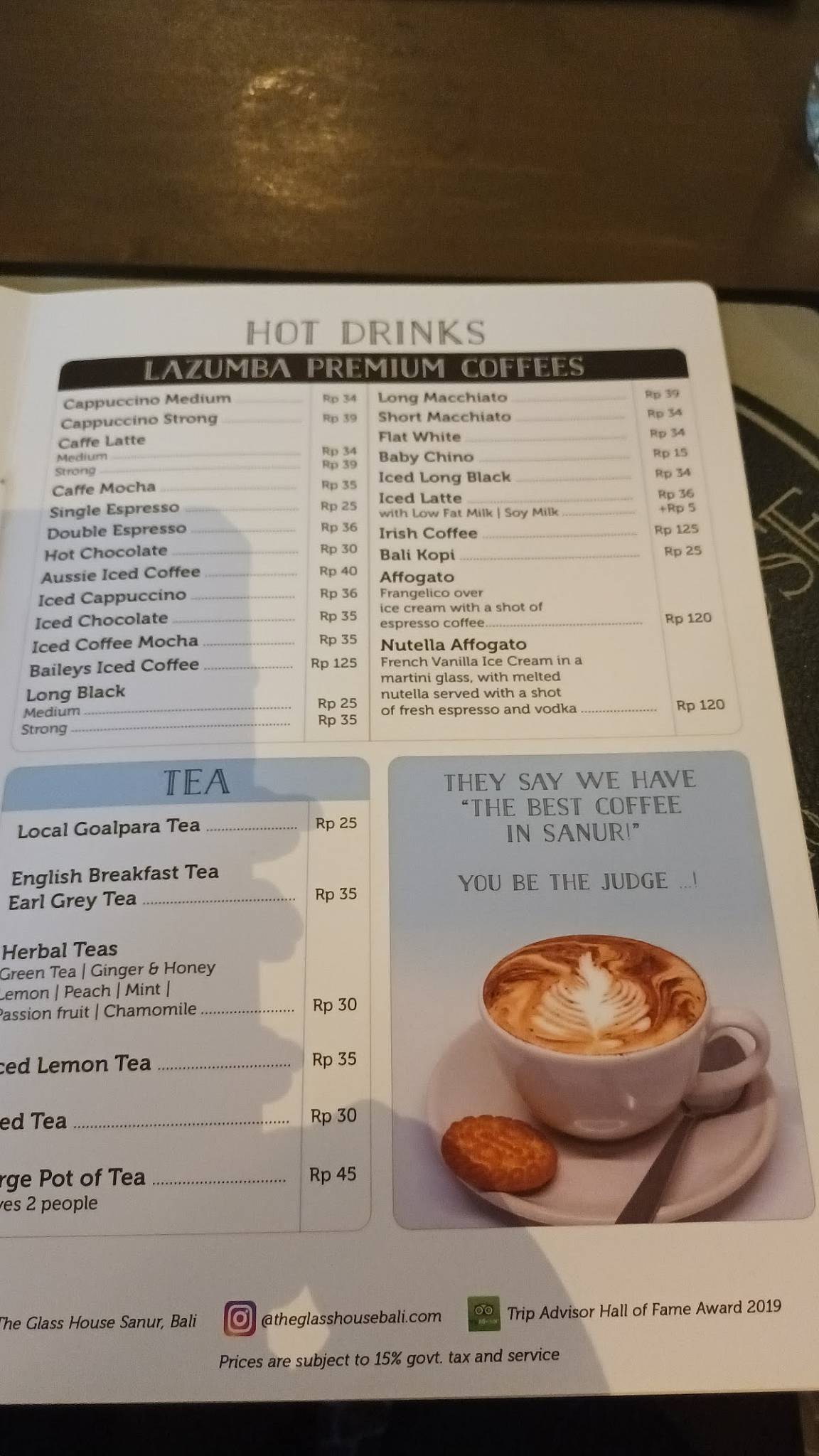 Menu at The Glass House restaurant, Denpasar
