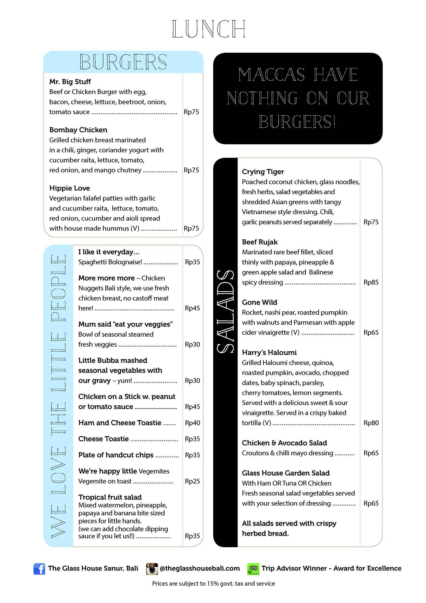 Menu at The Glass House restaurant, Denpasar