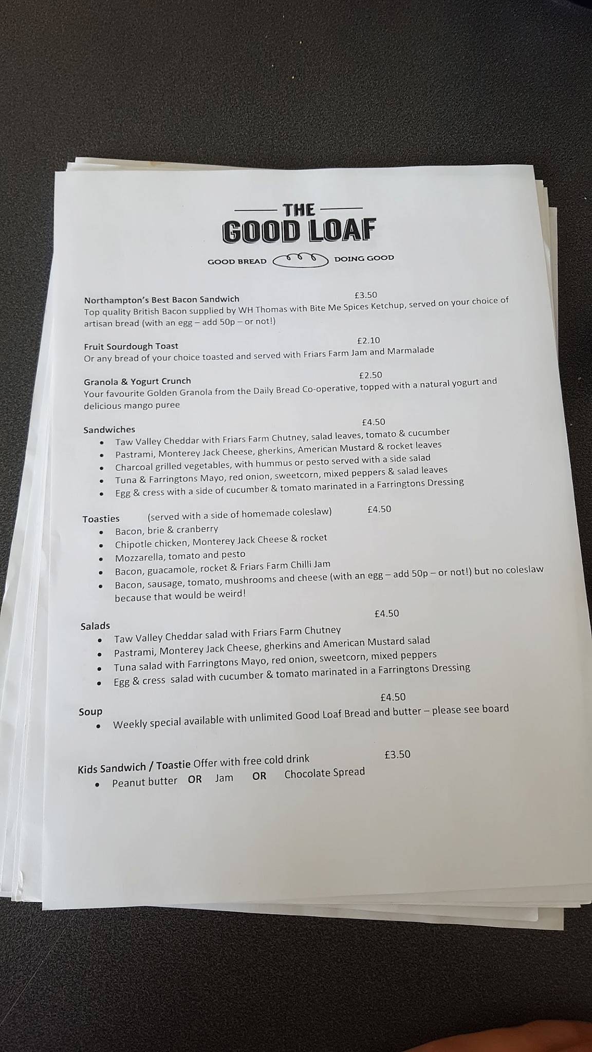 Menu at The Good Loaf cafe, Northampton, 1st