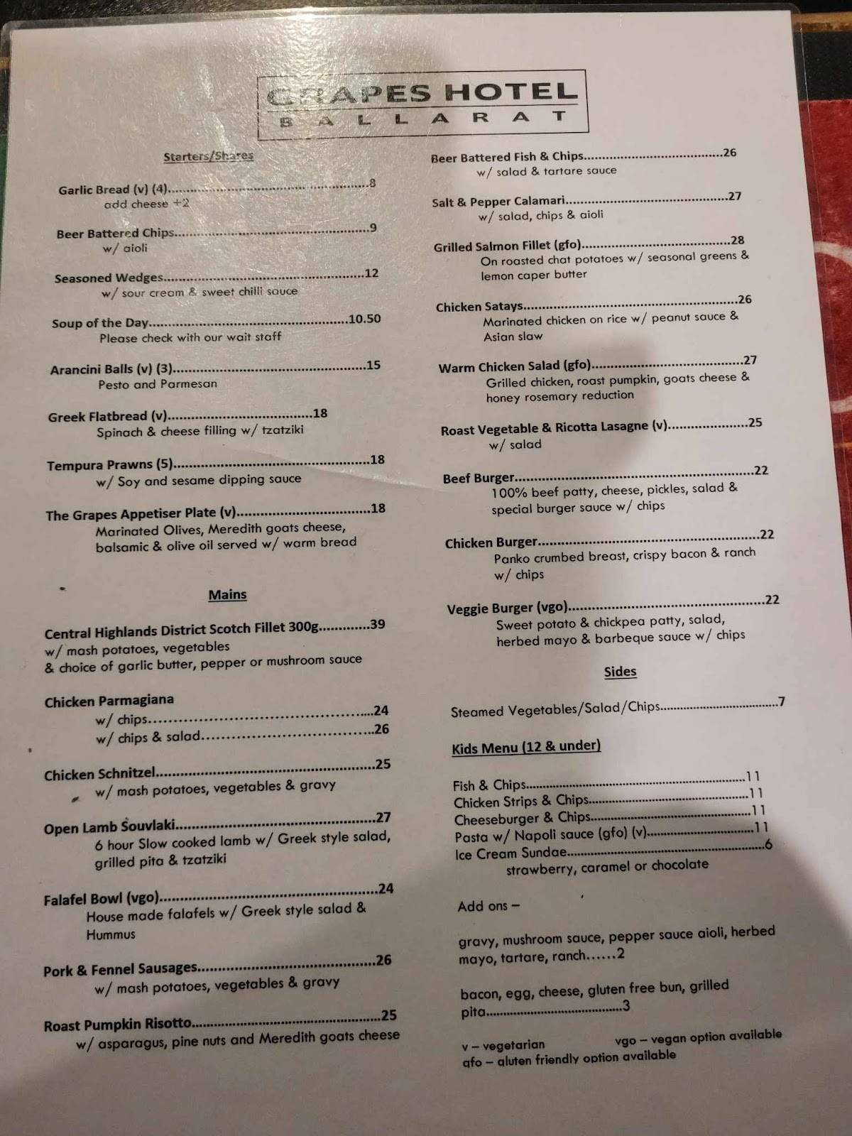 Menu at The Grapes Hotel pub & bar, Golden Point