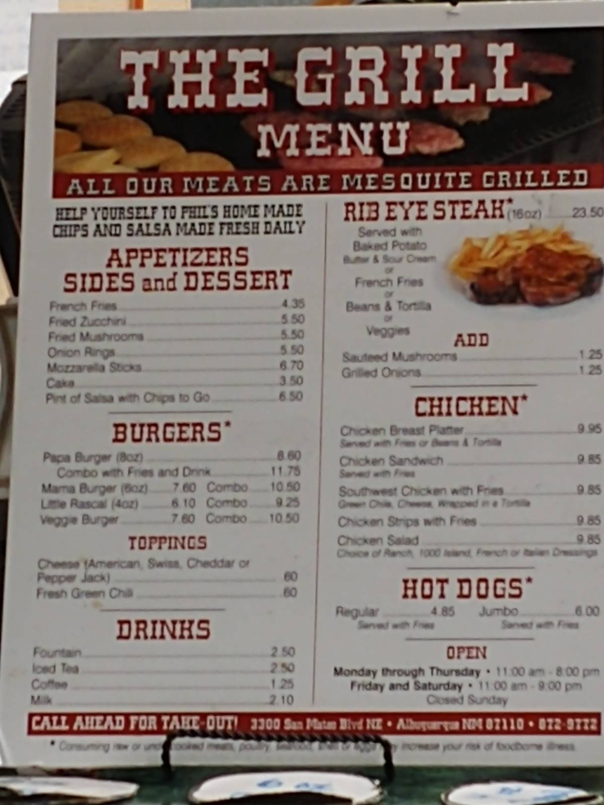 Menu at The Grill on San Mateo steakhouse, Albuquerque, San Mateo Blvd ...