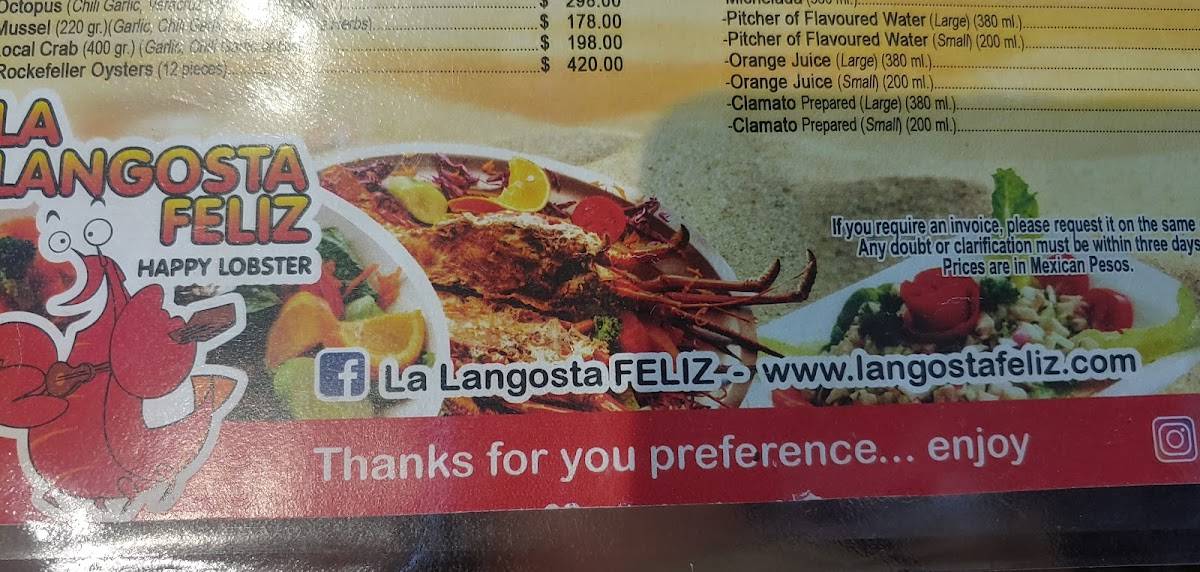 Menu at The Happy Lobster restaurant, Puerto Vallarta