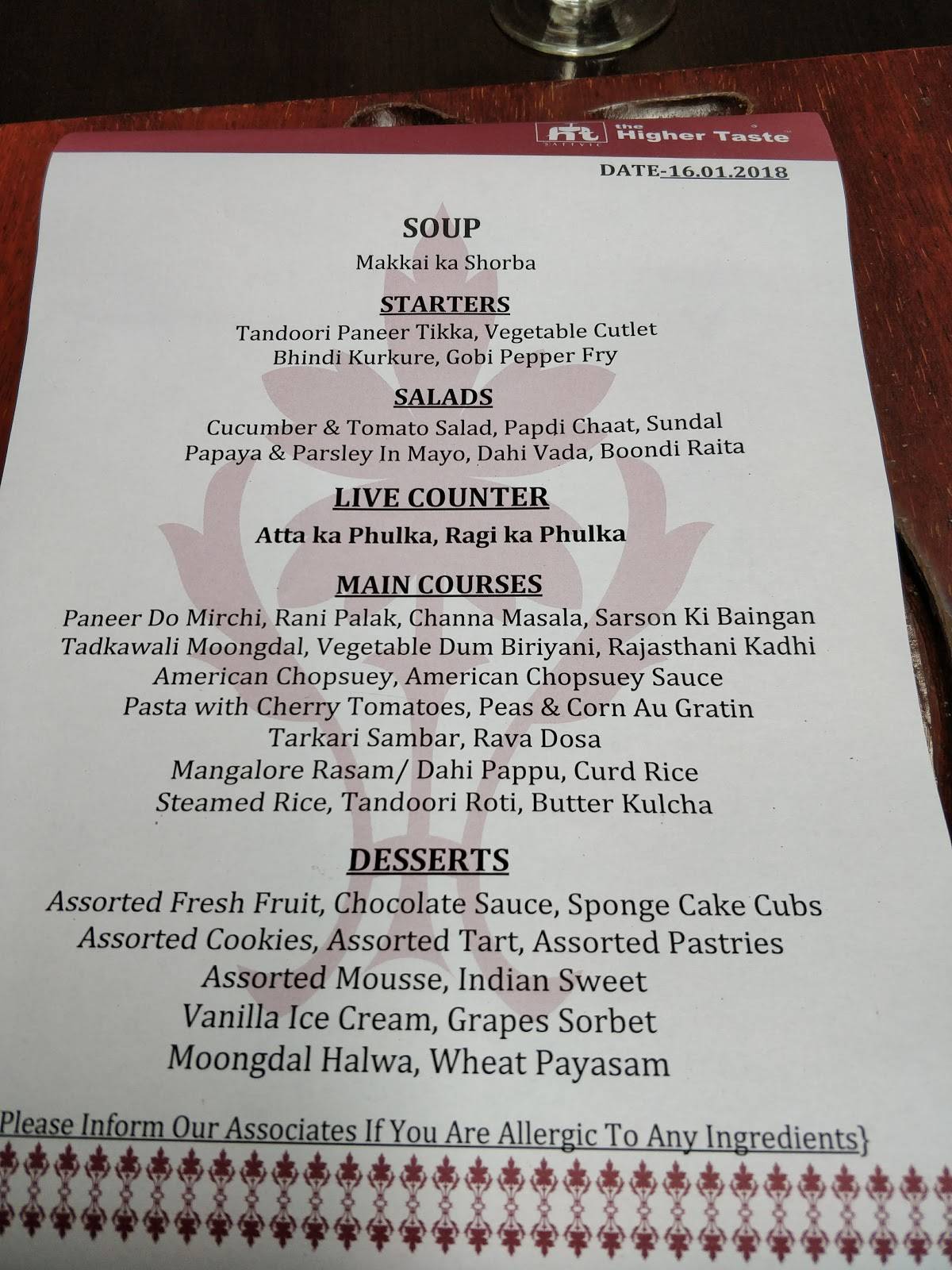 Menu at The Higher Taste Restaurant, Bengaluru, Inside ISKCON