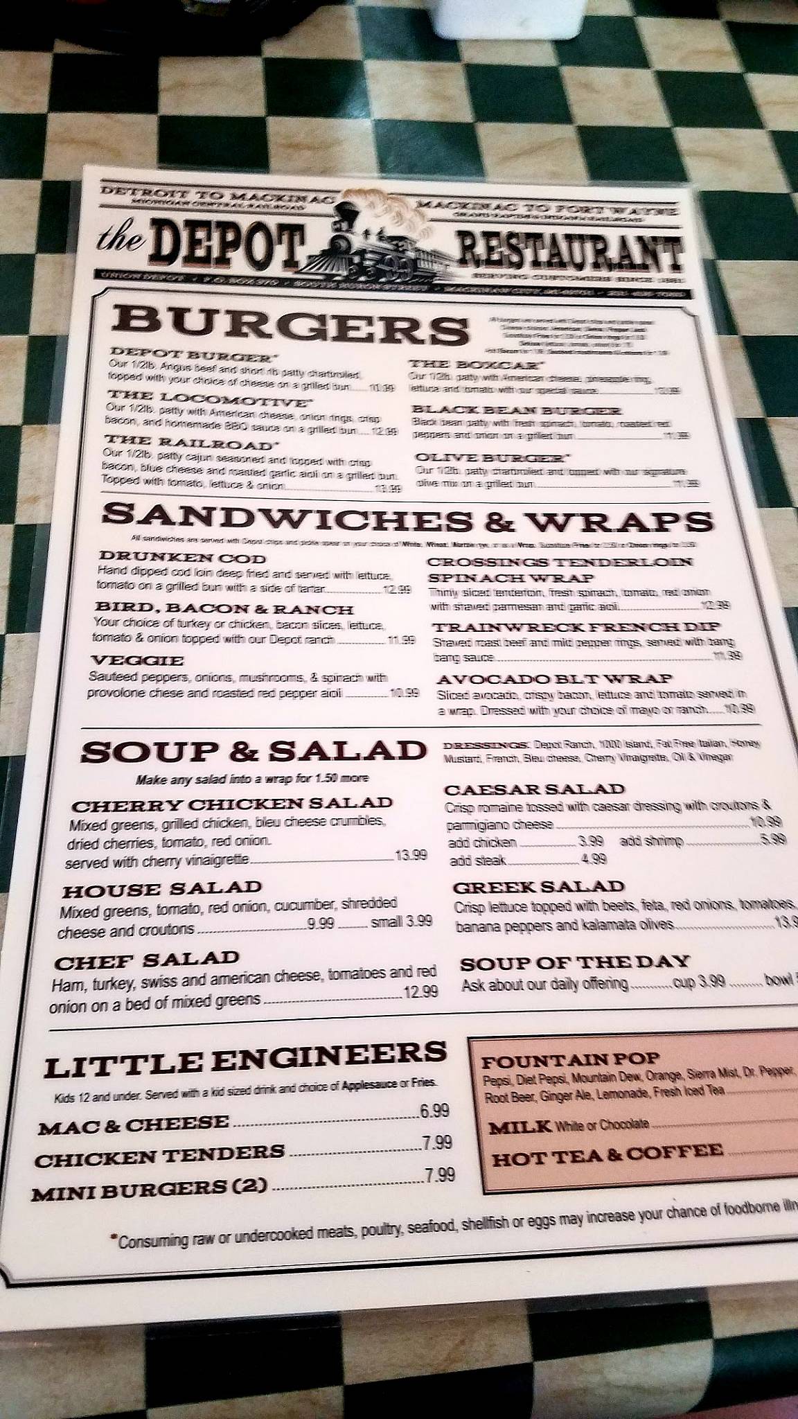 Menu at The Historic Depot Restaurant, Mackinaw City