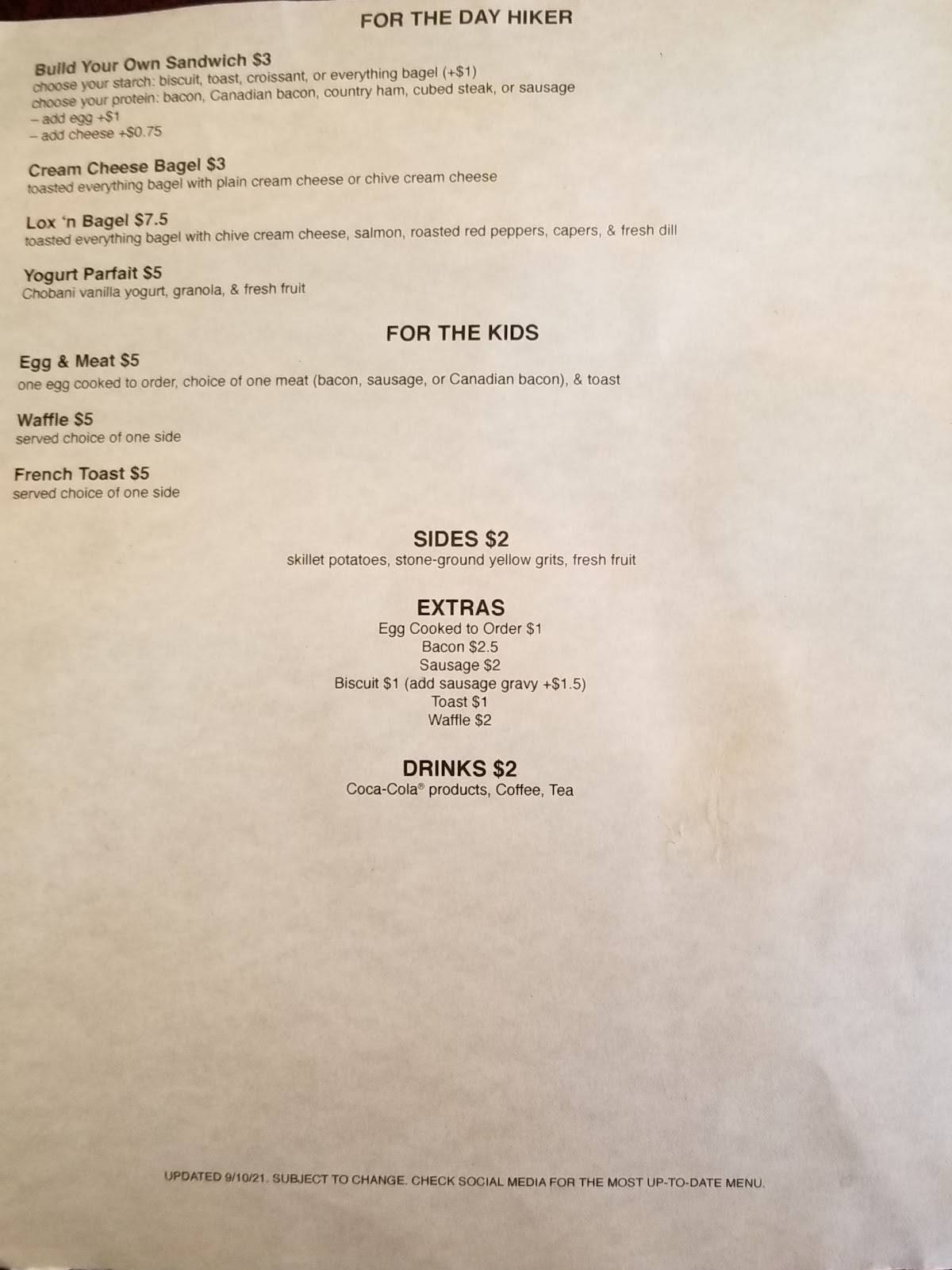 Menu at The Hungry Hiker Restaurant, Walhalla