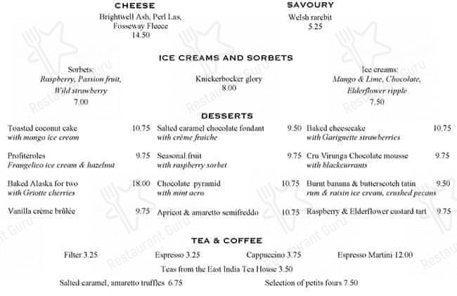 Menu at The Ivy restaurant, London, 1-5 West St