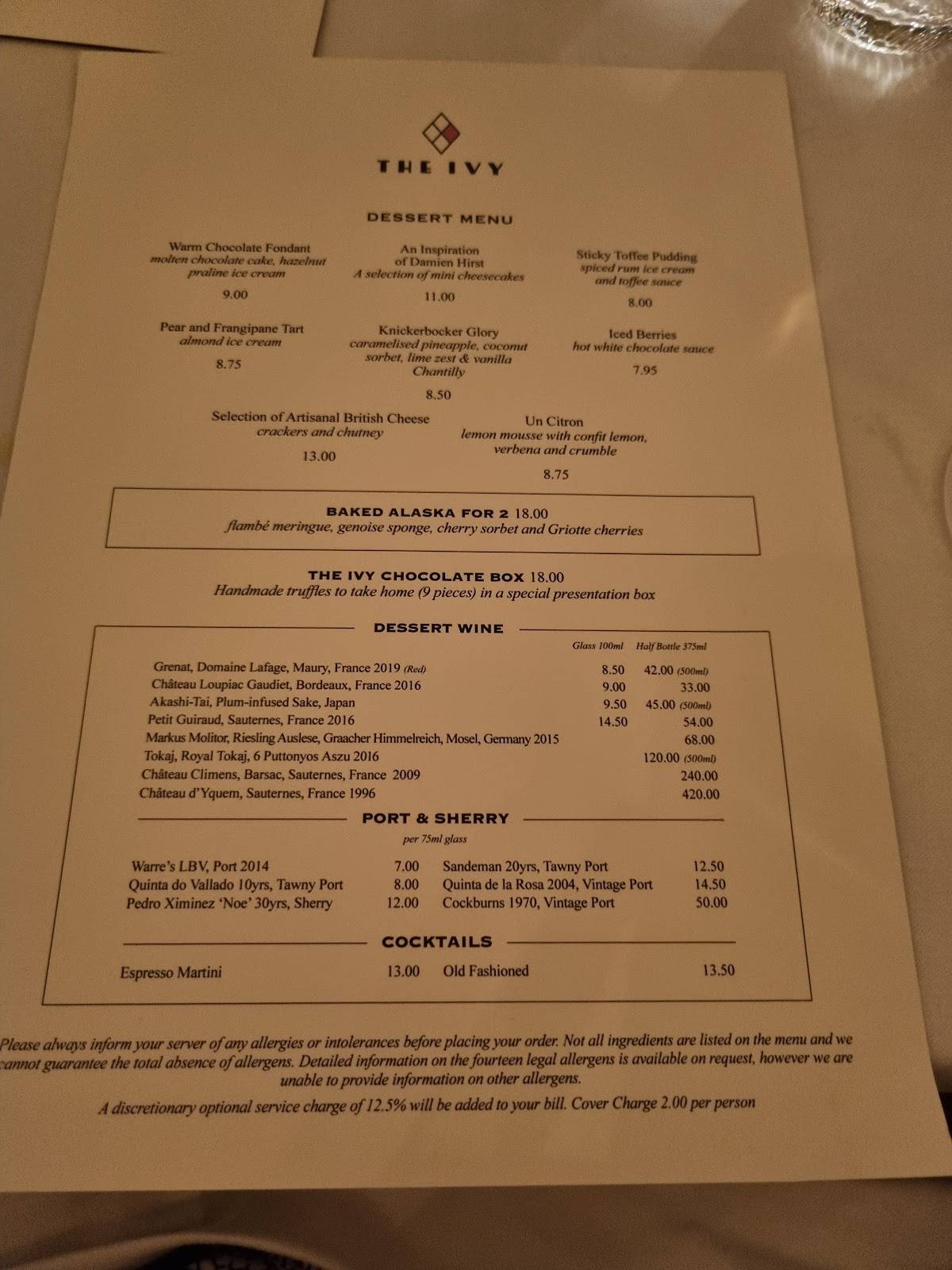 Menu at The Ivy restaurant, London, 1-5 West St