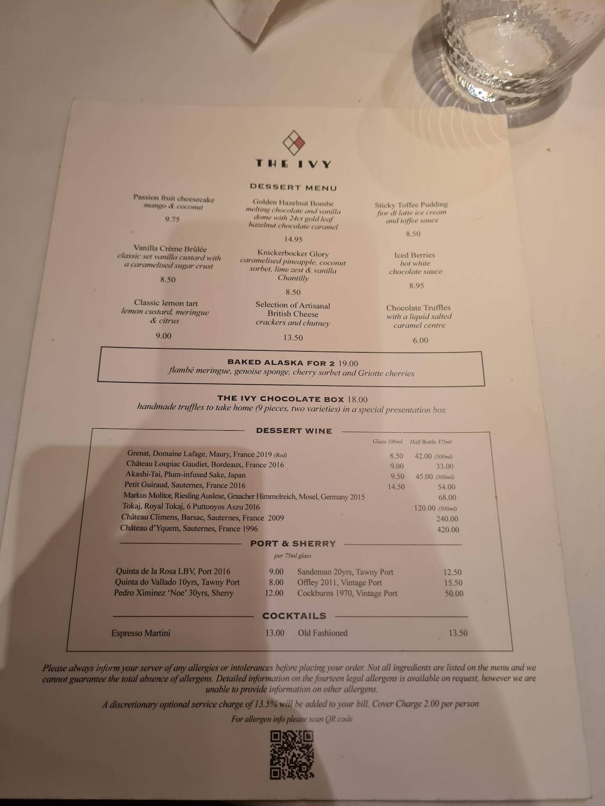 Menu at The Ivy restaurant, London, 1-5 West St