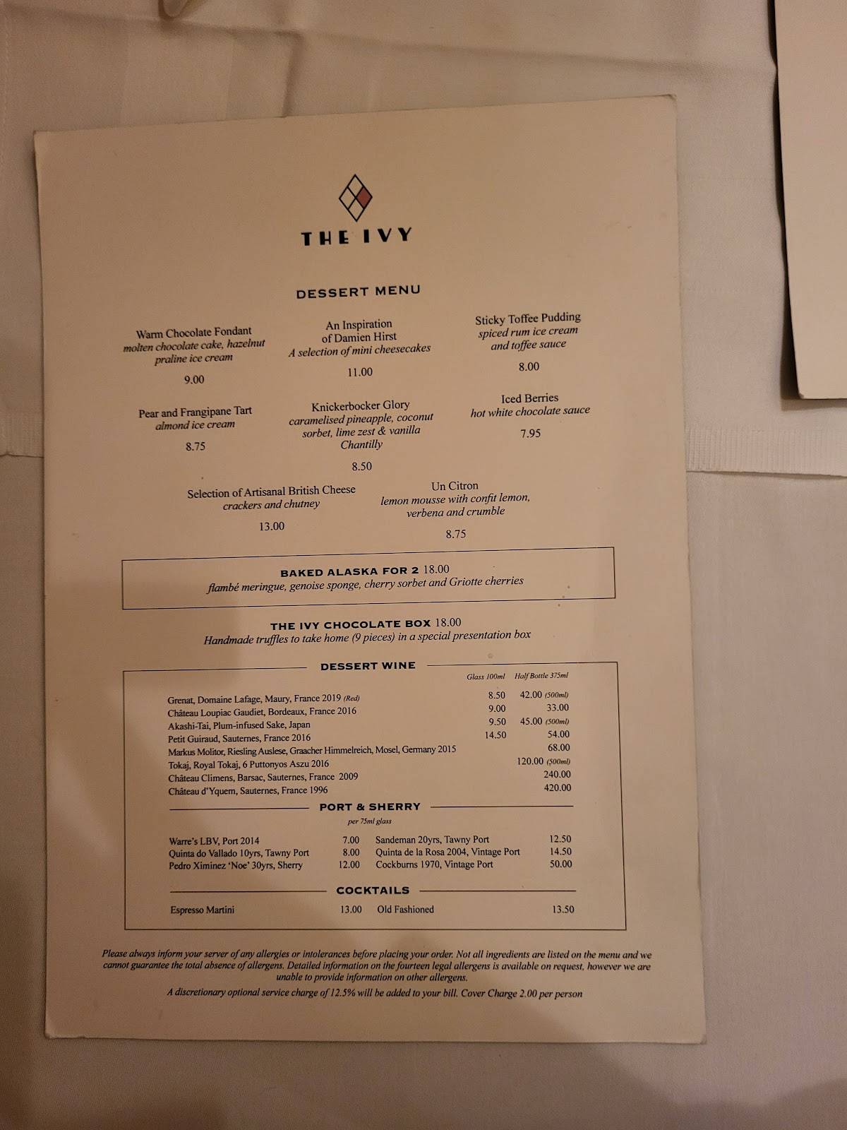 Menu at The Ivy restaurant, London, 1-5 West St