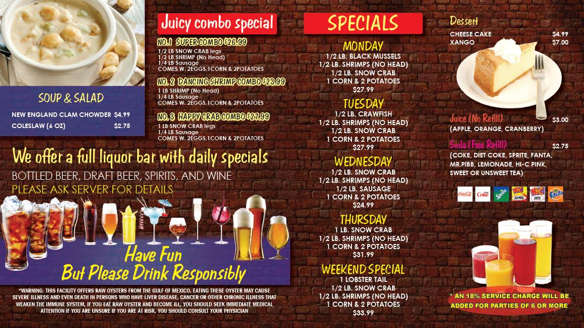 Menu at The Juicy Seafood restaurant, Prattville