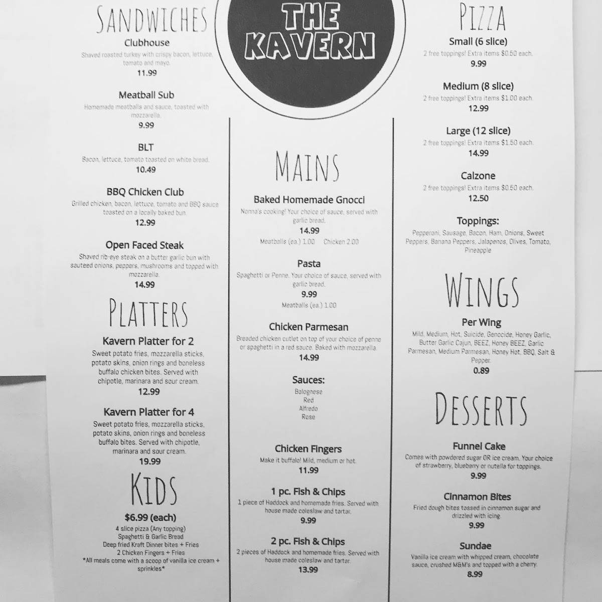Menu at The Kavern pub & bar, Welland