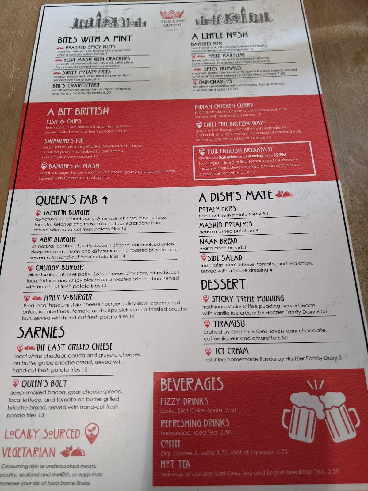 Menu at The Last Queen pub & bar, Enon