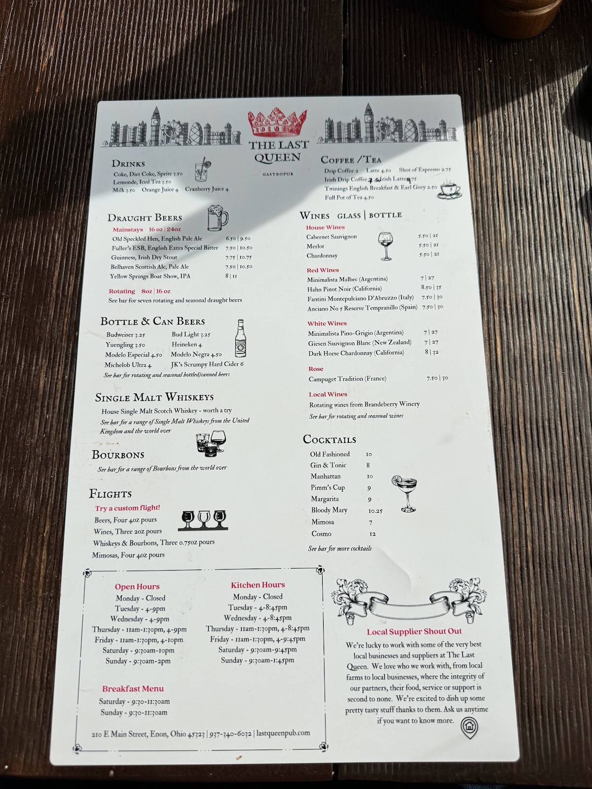 Menu at The Last Queen pub & bar, Enon