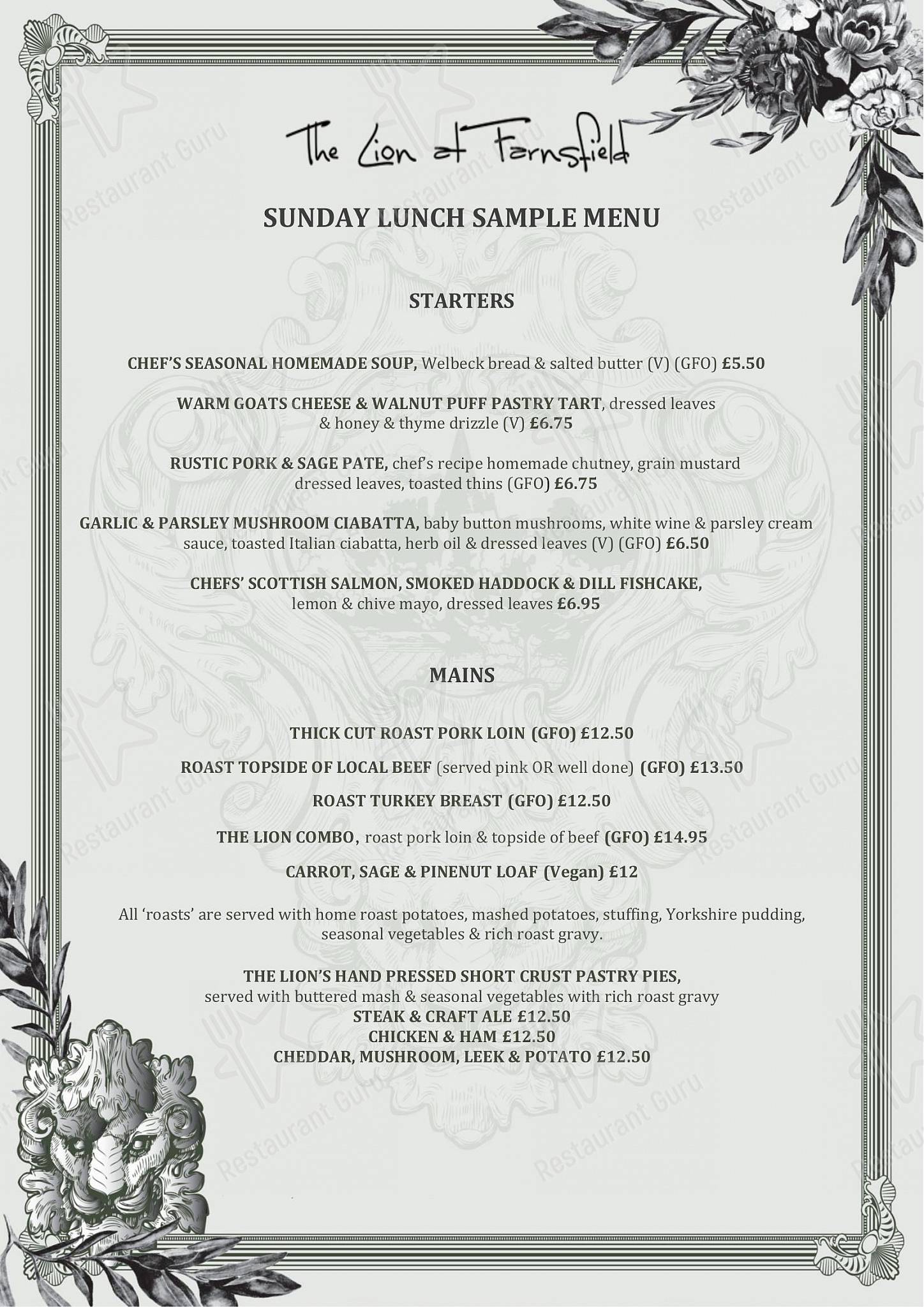 Menu at The Lion at Farnsfield pub & bar, Rufford