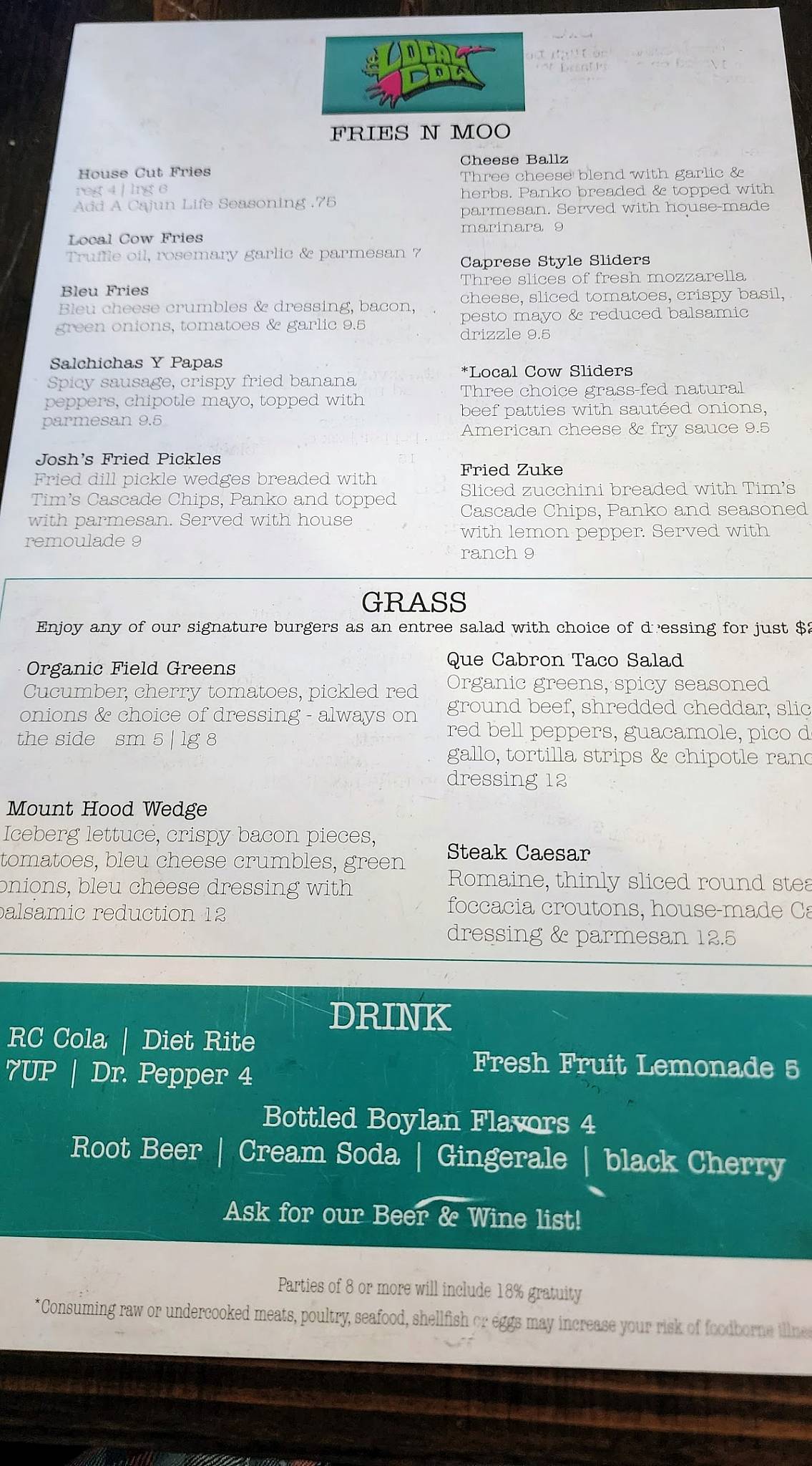 Menu at The Local Cow fast food, Gresham