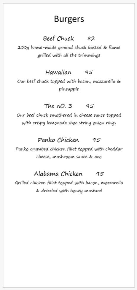 Menu at The Lookout restaurant, Durban