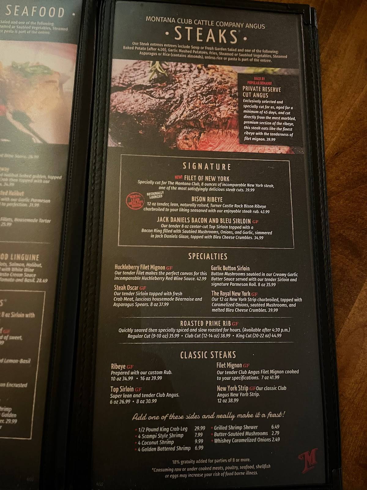 Menu at The Montana Club Restaurant, Kalispell, S Main St