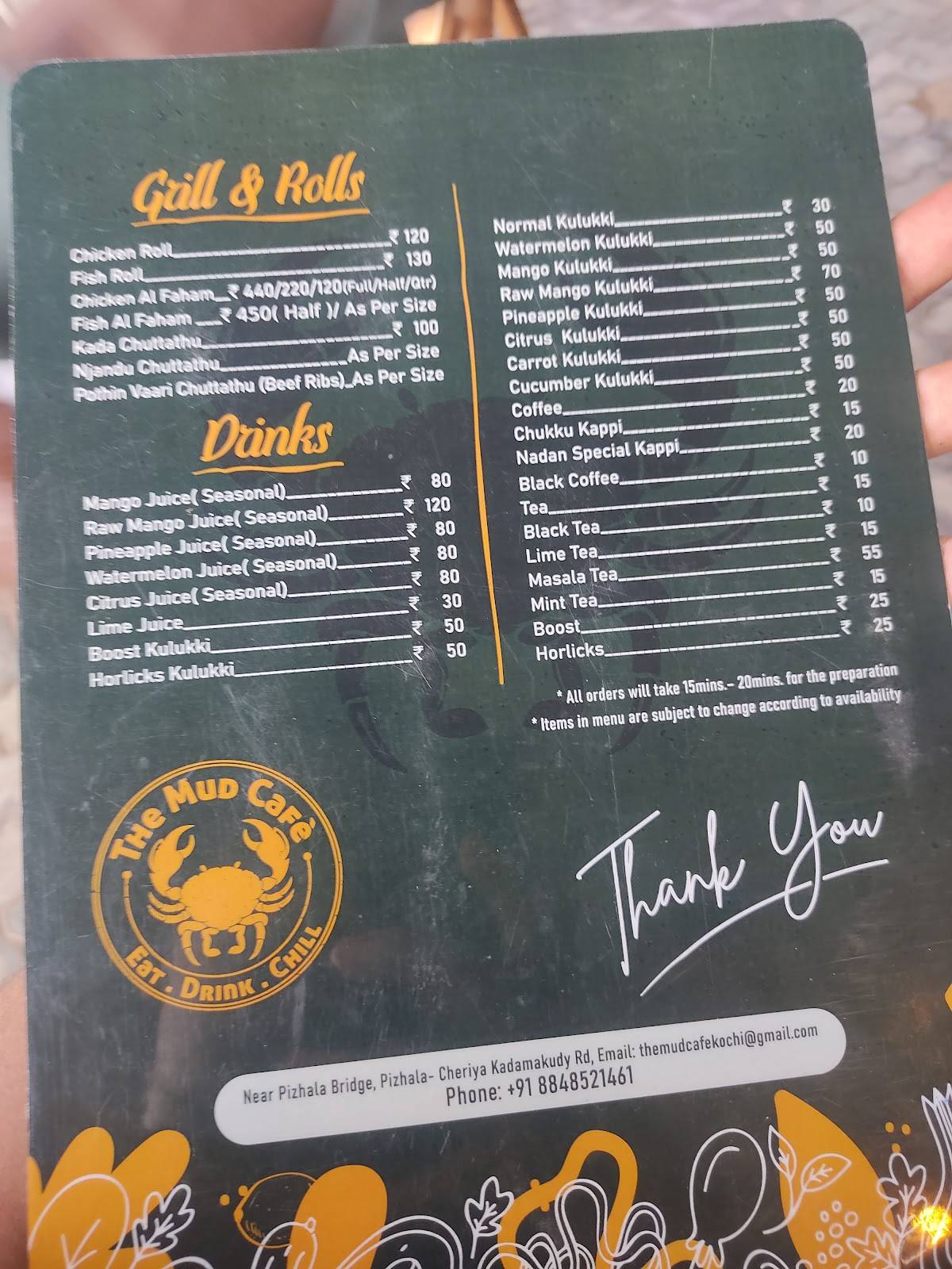 Menu at The Mud Cafe, Kadamakkudy