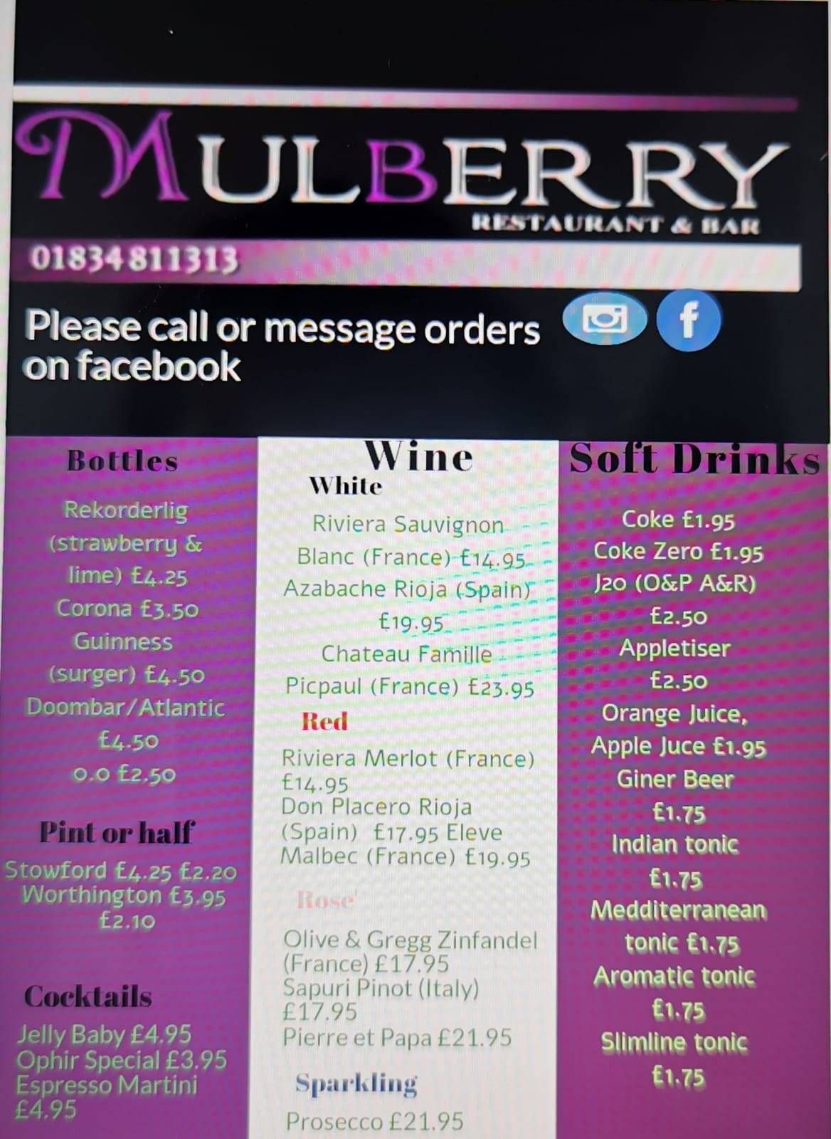 Menu at The Mulberry Restaurant, Saundersfoot