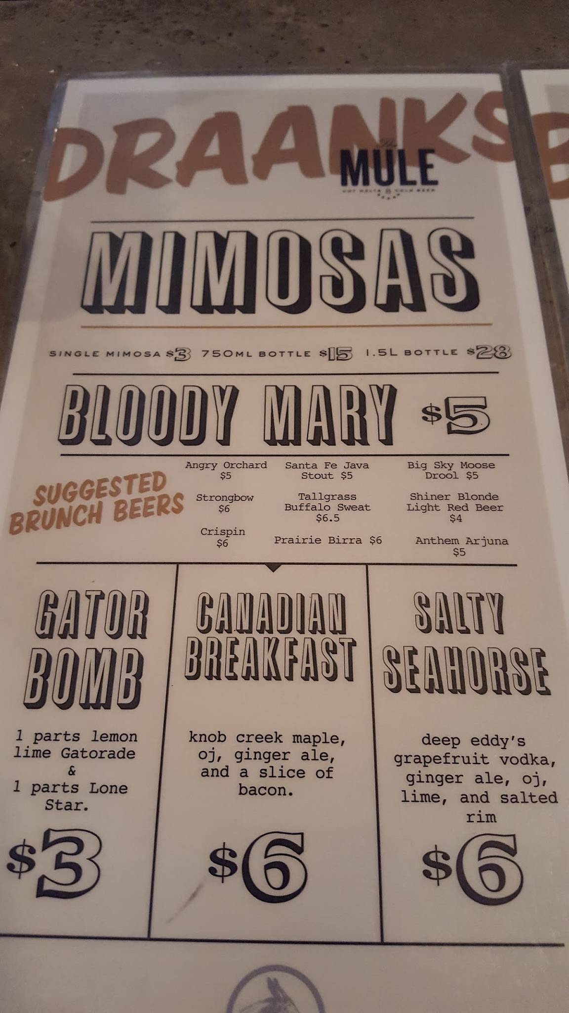 Menu at The Mule pub & bar, Oklahoma City, NW 16th St
